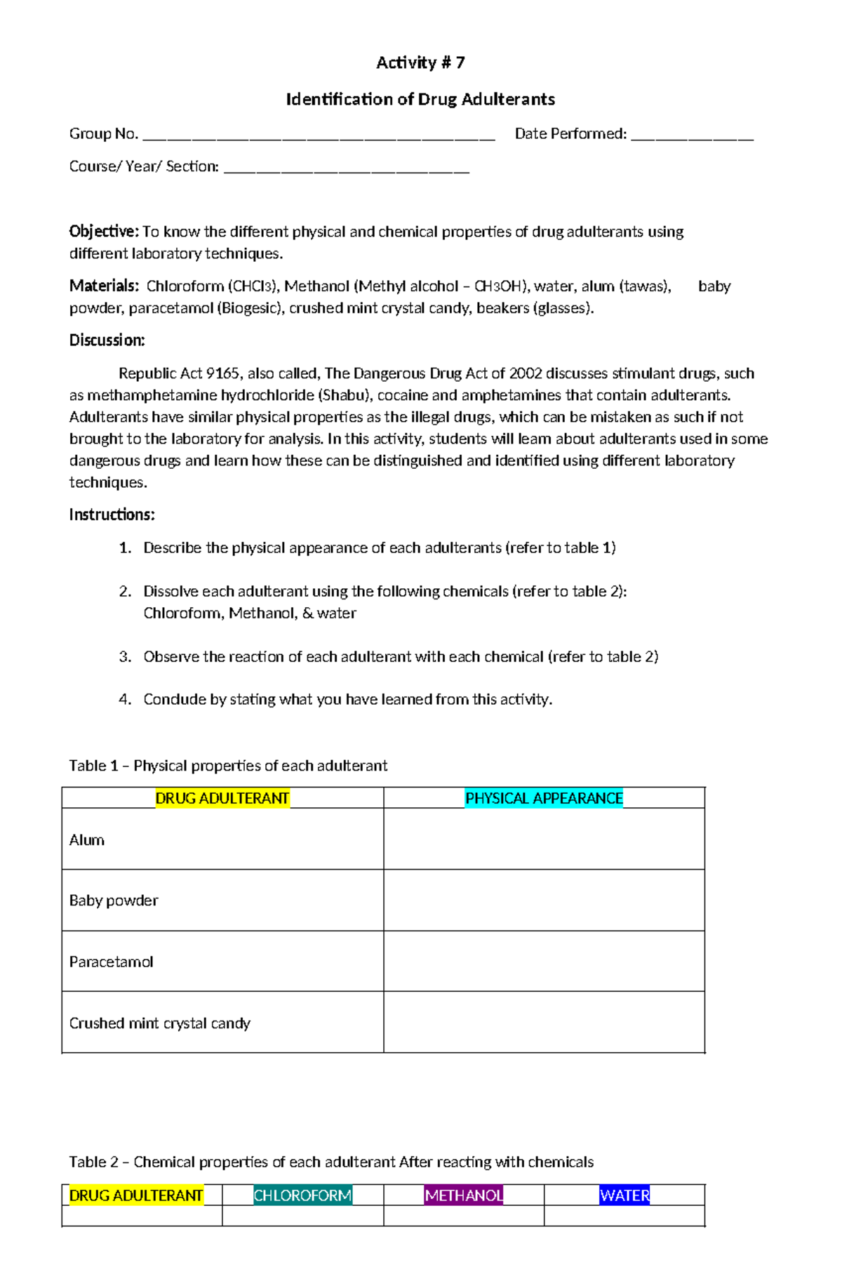 Act - nkjnskjnas - Activity # 7 Identification of Drug Adulterants ...