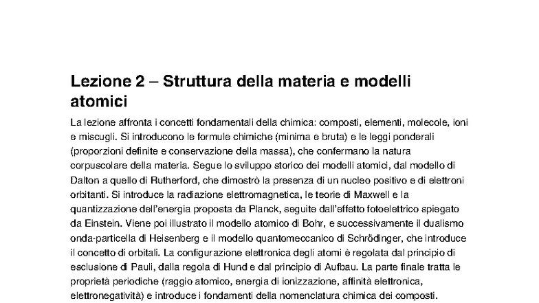 Riassunti Lezioni Chimica: Modelli Atomici e Legami Chimici - Studocu