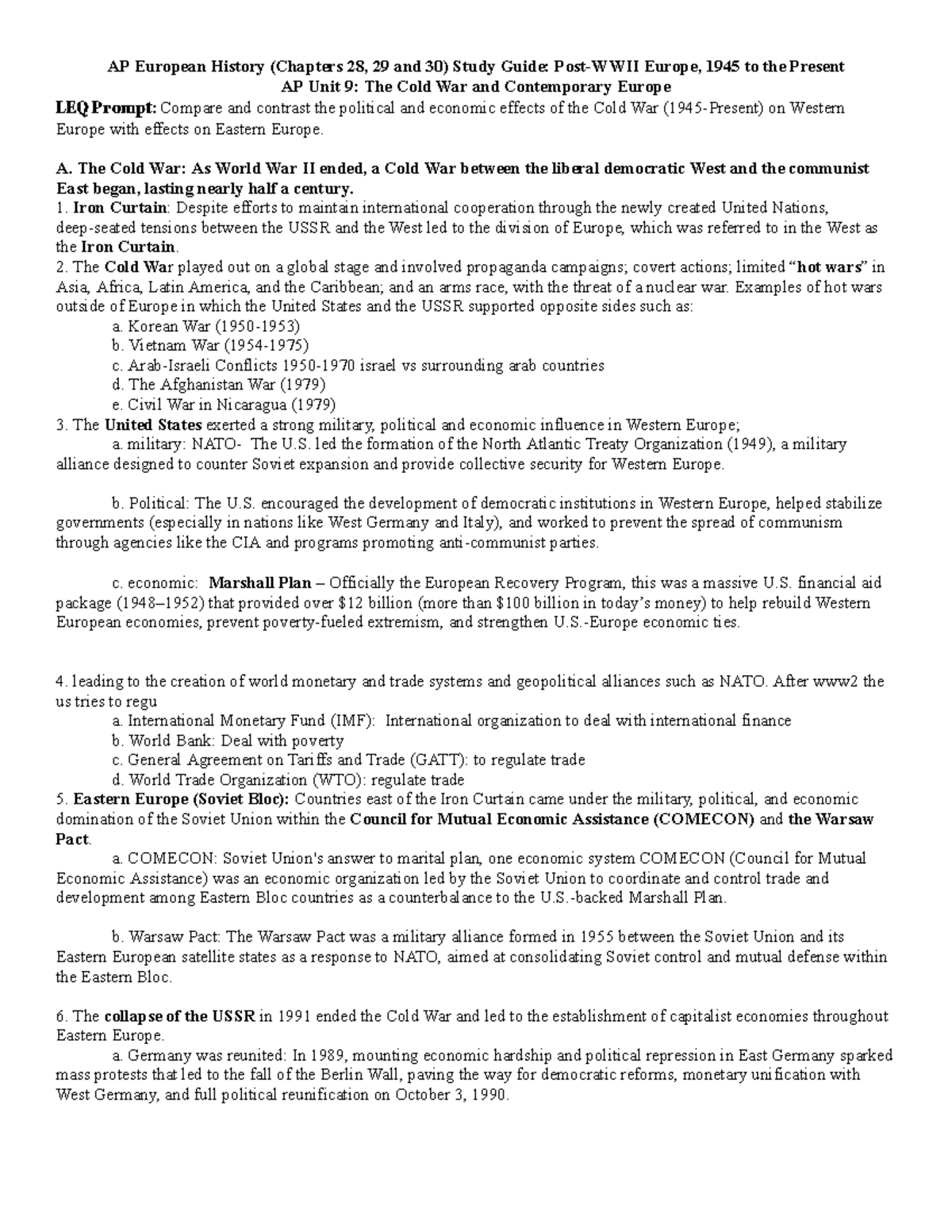 AP European History Study Guide: Cold War Effects on Europe (Unit 9 ...