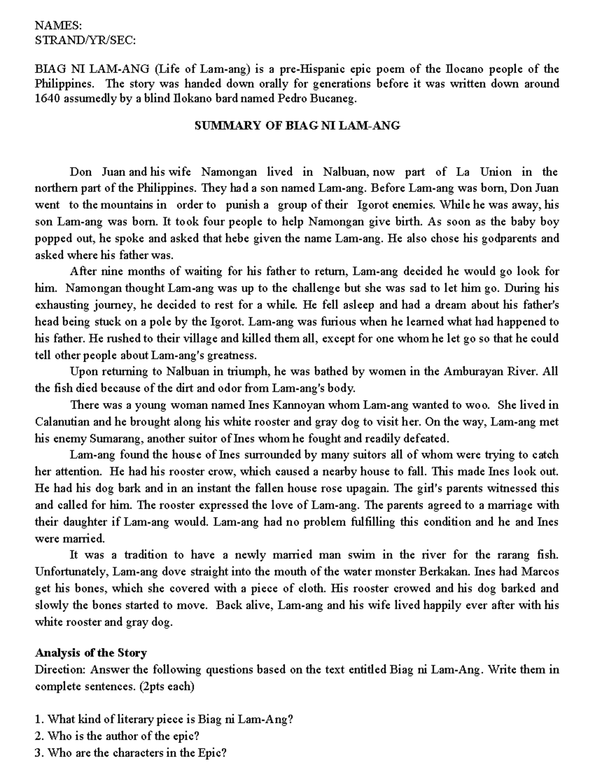 Biag ni Lam Ang: Summary and Analysis of the Epic Poem - Studocu