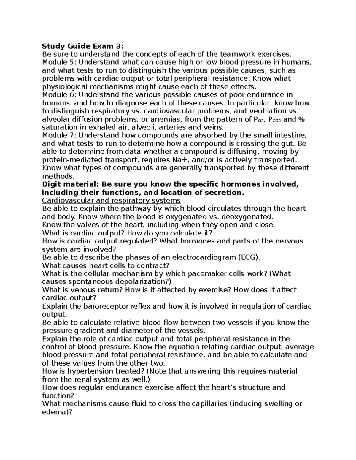 Study Guide for Exam 3: Cardiovascular, Renal & Respiratory Systems ...