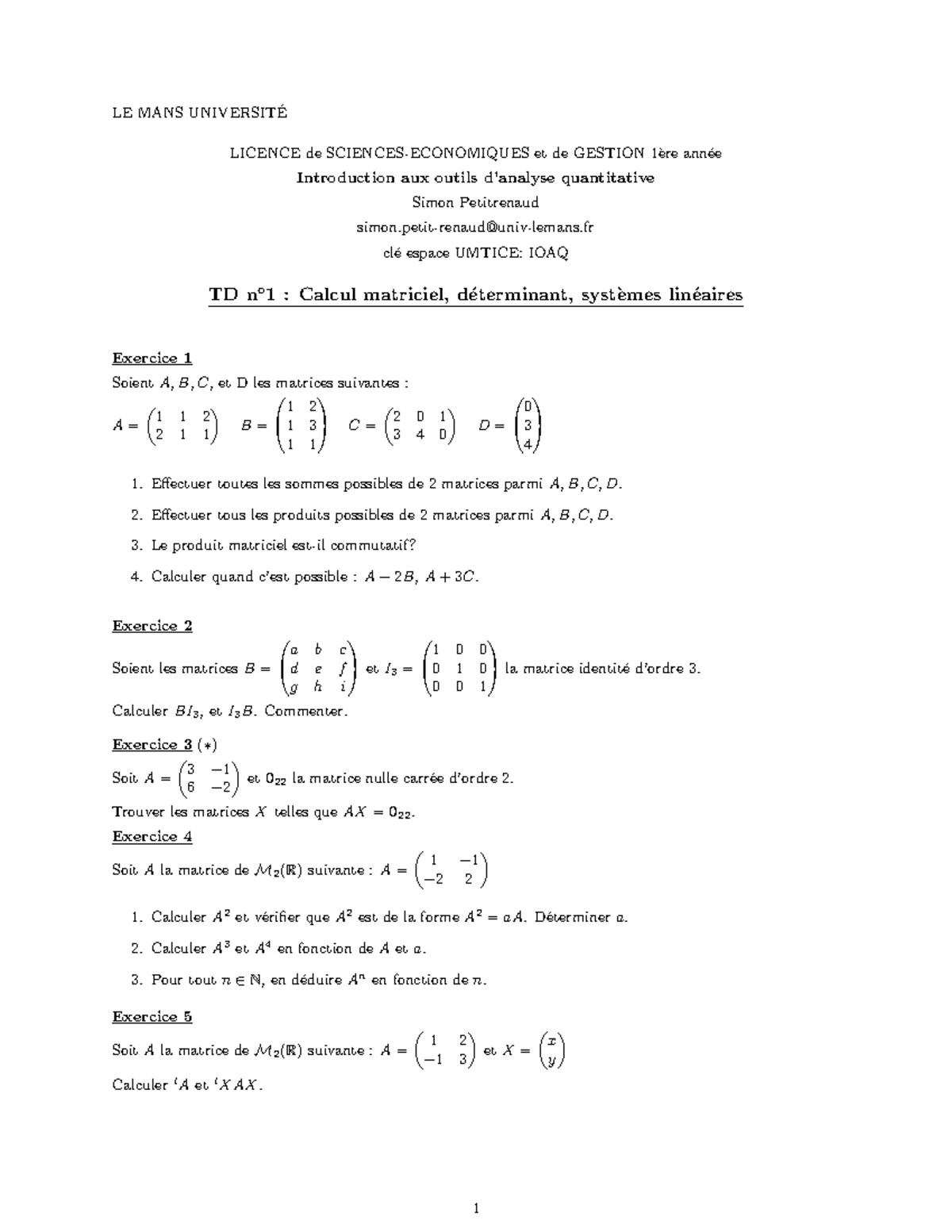 TD 1 - Calcul Matriciel et Exercices de Matrices (LE MANS GESTION ...