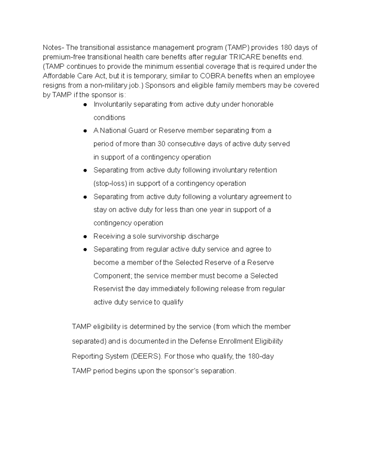 Health care options-tricare - Notes- The transitional assistance ...