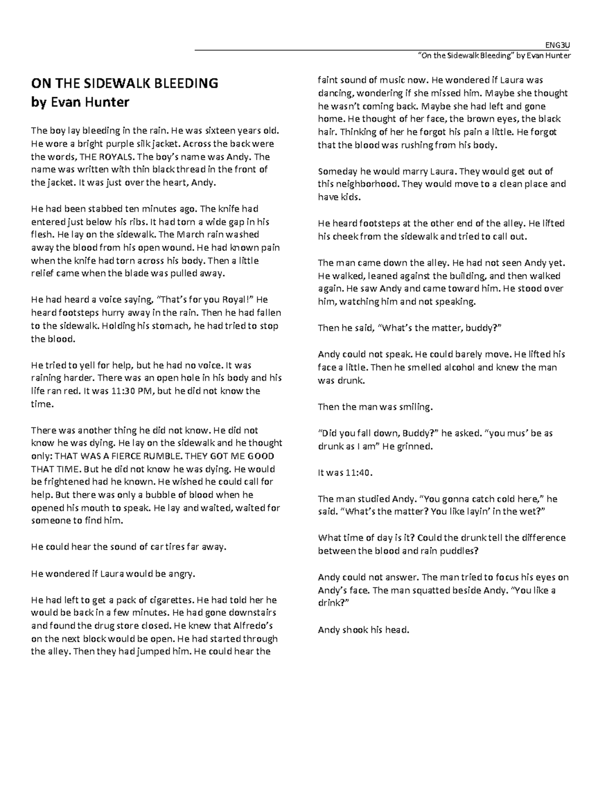 ENG3U Short Story Analysis: "On the Sidewalk Bleeding" by Evan Hunter ...