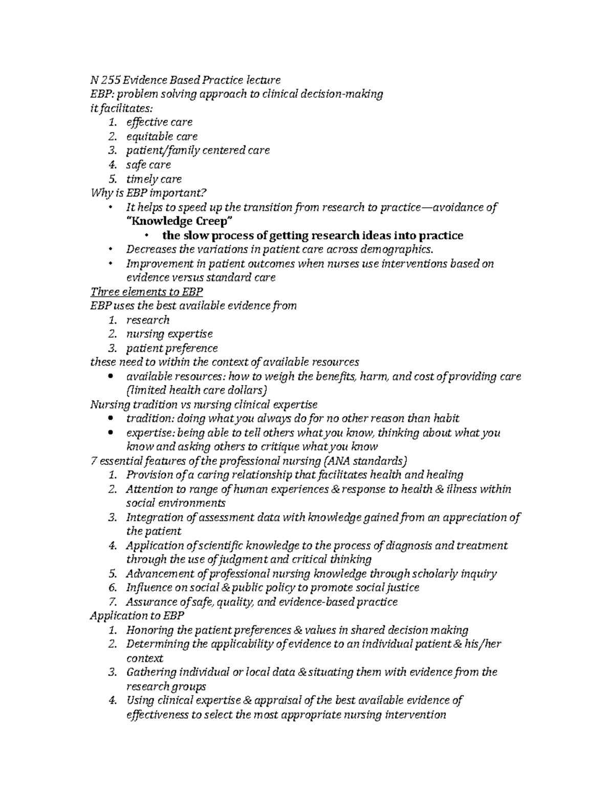 EBP and PICO questions - N 255 Evidence Based Practice lecture EBP ...