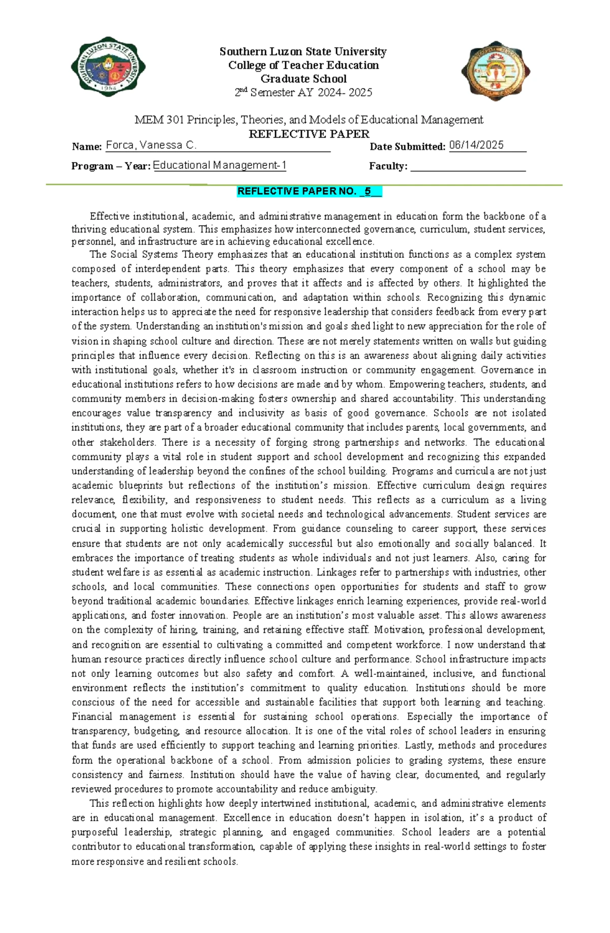 MEM 301 Reflective Paper: Principles of Educational Management - Studocu