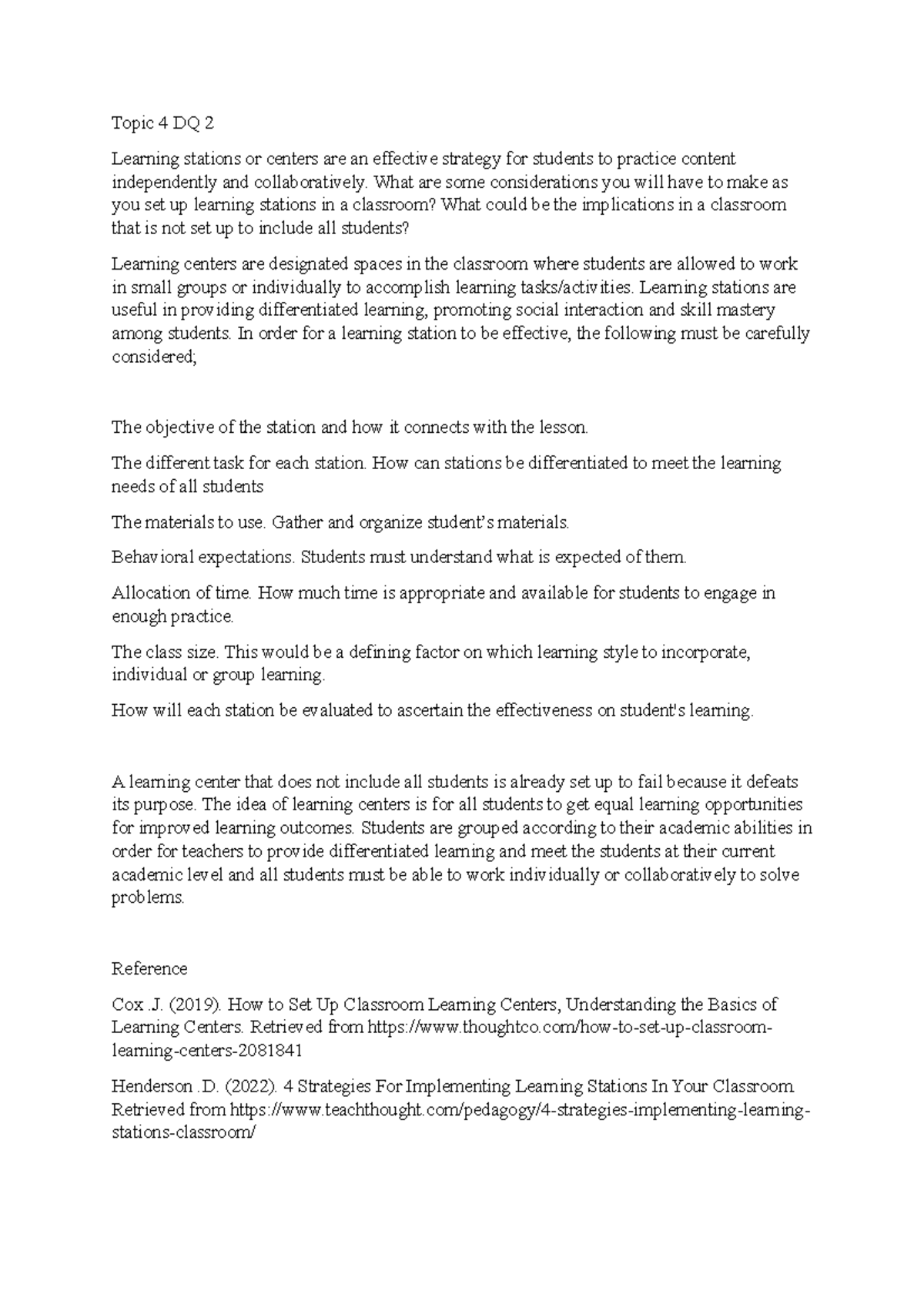 ELM 210 Topic 4 DQ 2 - Setting Up Learning Stations Effectively - Studocu