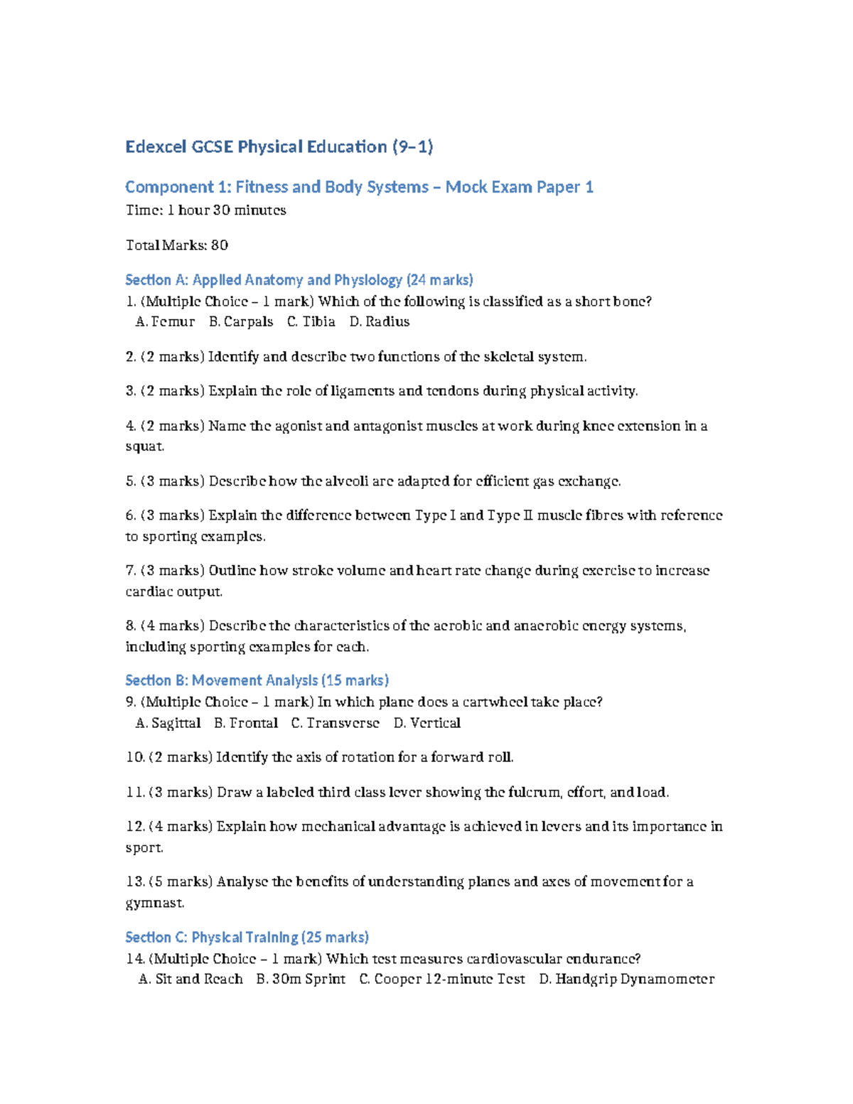 Edexcel GCSE PE Mock Exam Paper 1: Fitness & Body Systems Review - Studocu