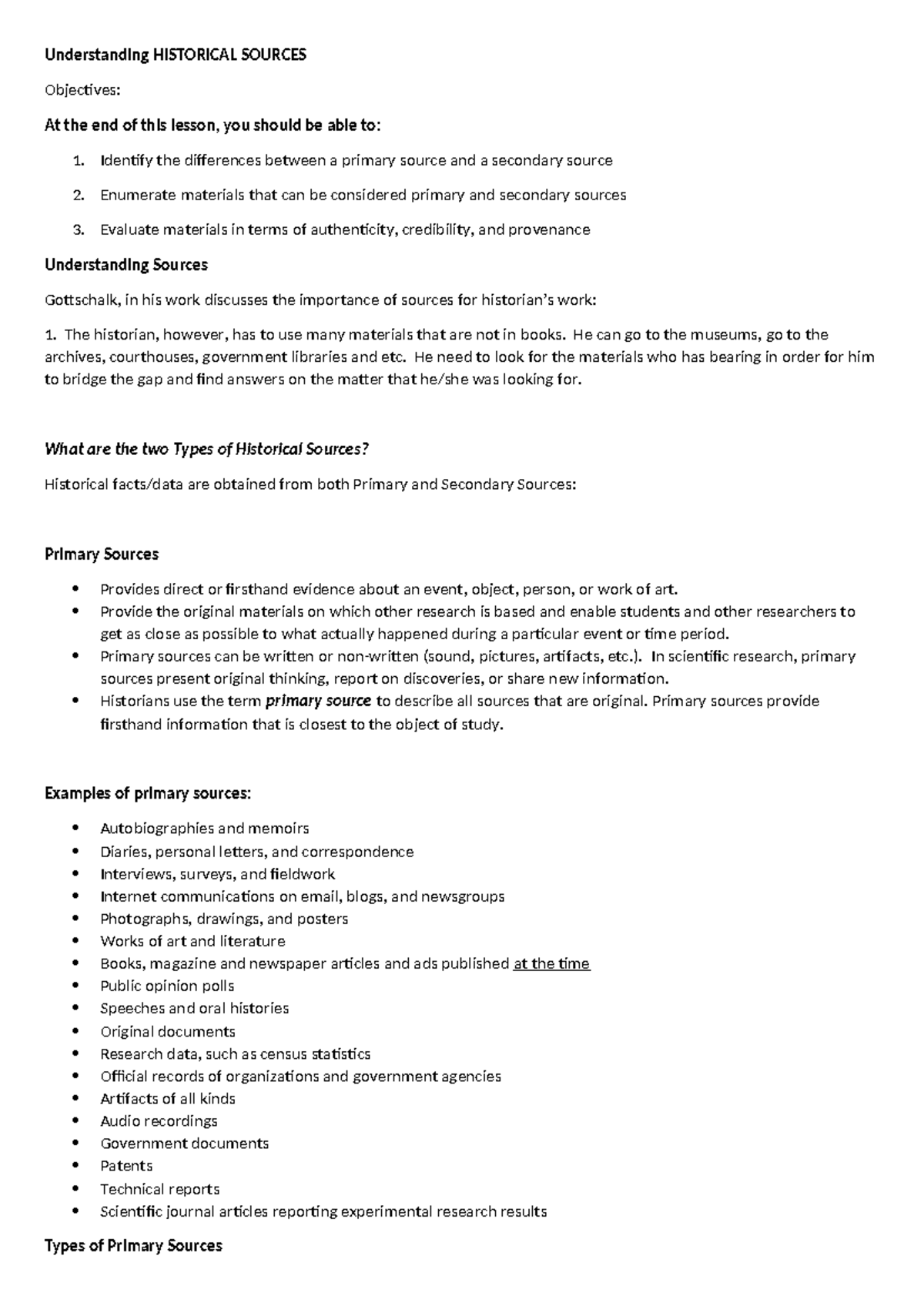 HIST 101: Understanding Primary and Secondary Historical Sources - Studocu