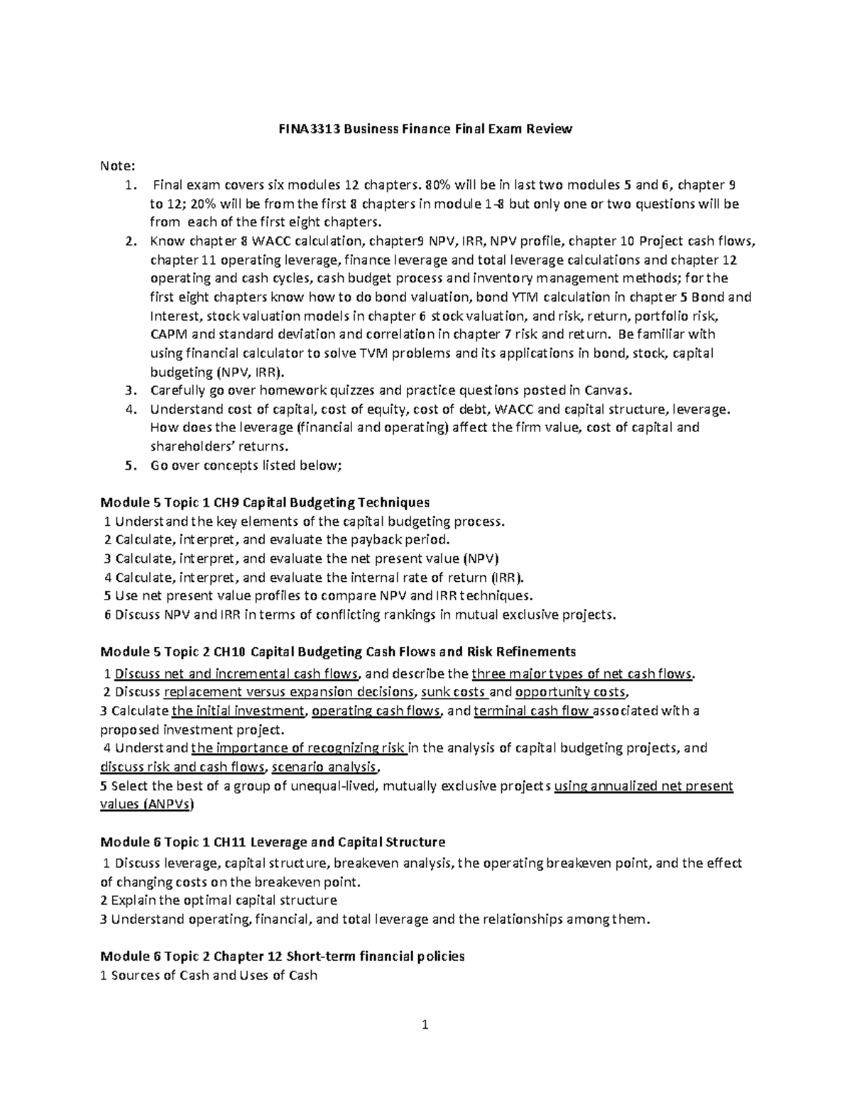 FINA3313 Comprehensive Review for Final Exam Preparation - Studocu