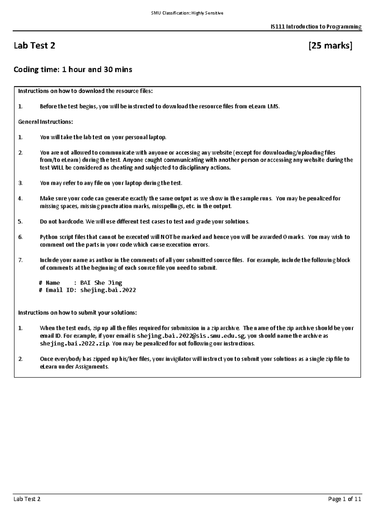 Lab Test 2 (AY2022-23 T1) - IS111 Introduction to Programming Lab Test ...