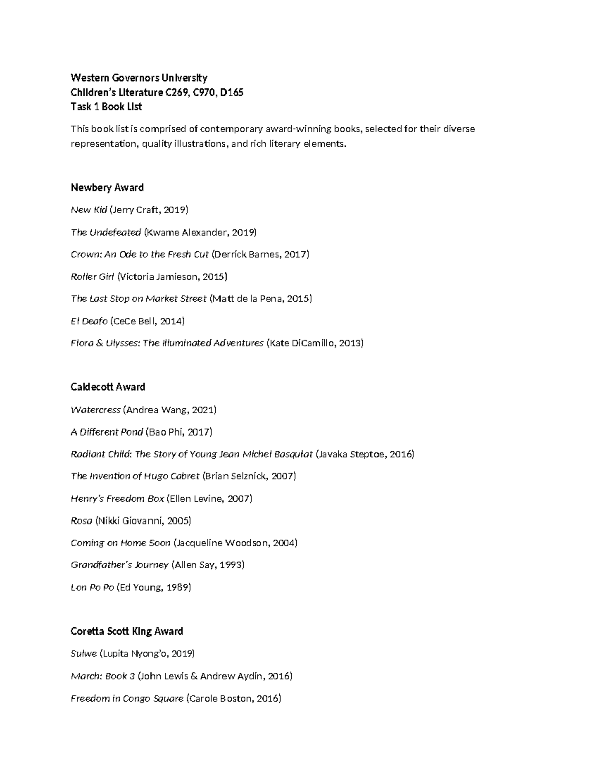 C269 Children's Literature Task 1: Award-Winning Book List - Studocu