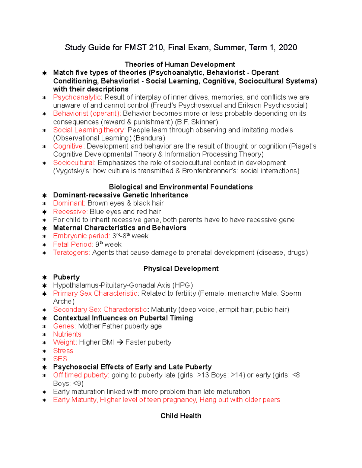 FMST 210 Final Exam Study Guide: Theories & Developmental Insights ...