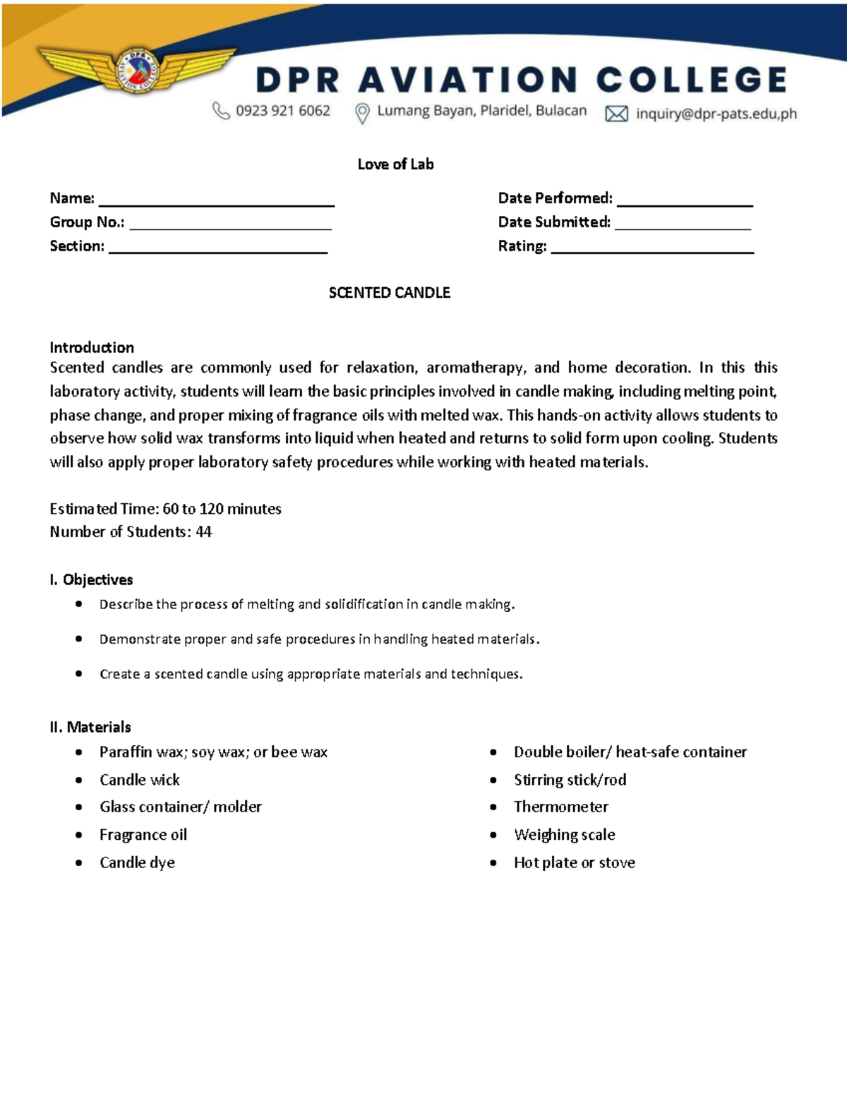 CHEM II - Lab #3: Scented Candle Making & Phase Change Observations ...