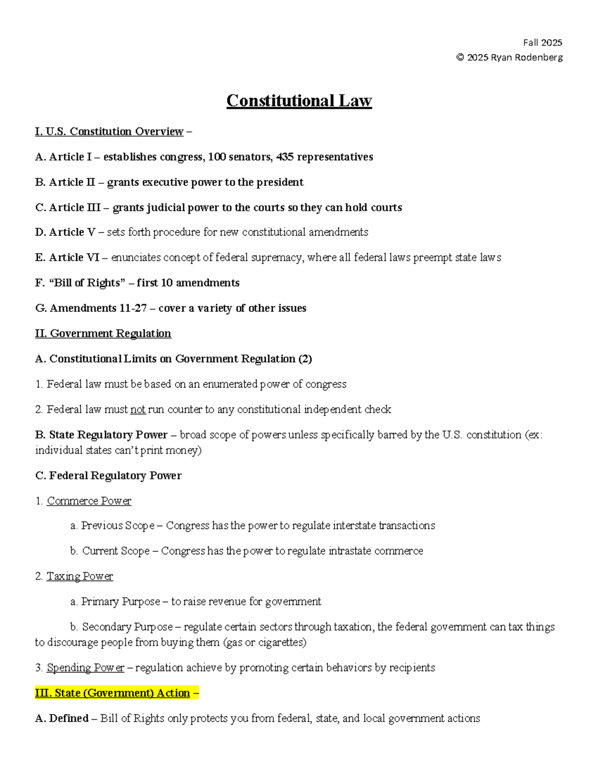 Fall 2025 Constitutional Law I: Overview of Rights & Regulations - Studocu