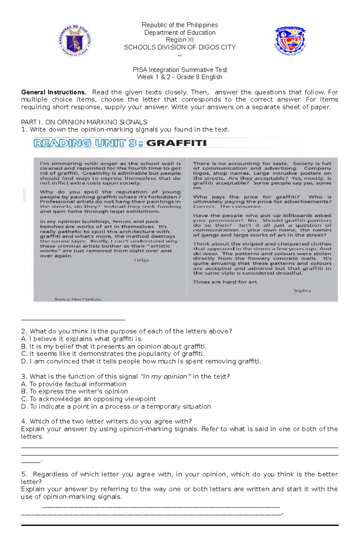 English 8 PISA Integration Q2 W1 & W2 Summative Test Instructions - Studocu