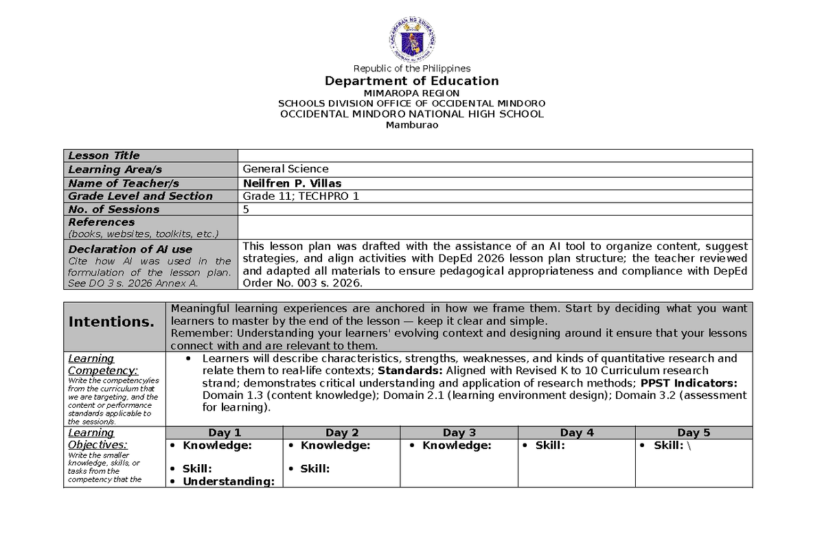 ILAW Template for Grade 10 General Science Lesson Plan (TECHPRO 1 ...