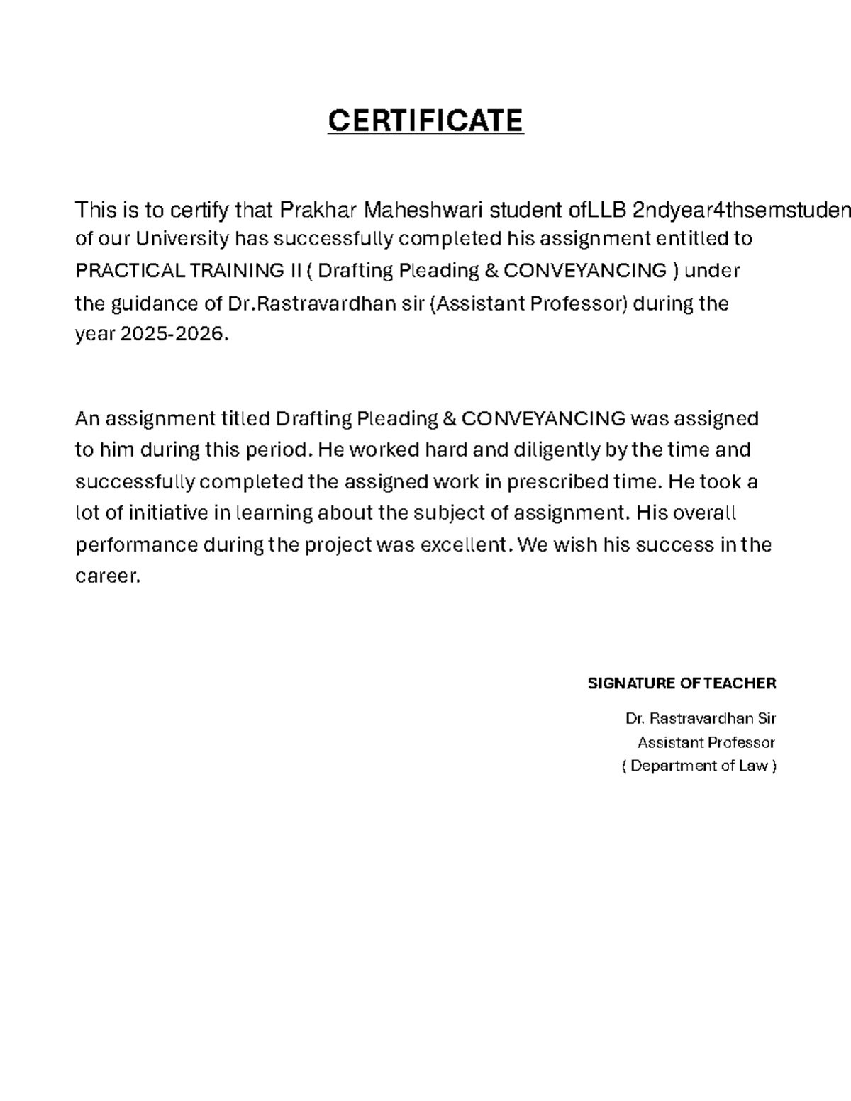 CERTIFICATE: Practical Training II - Drafting Pleading & Conveyancing ...