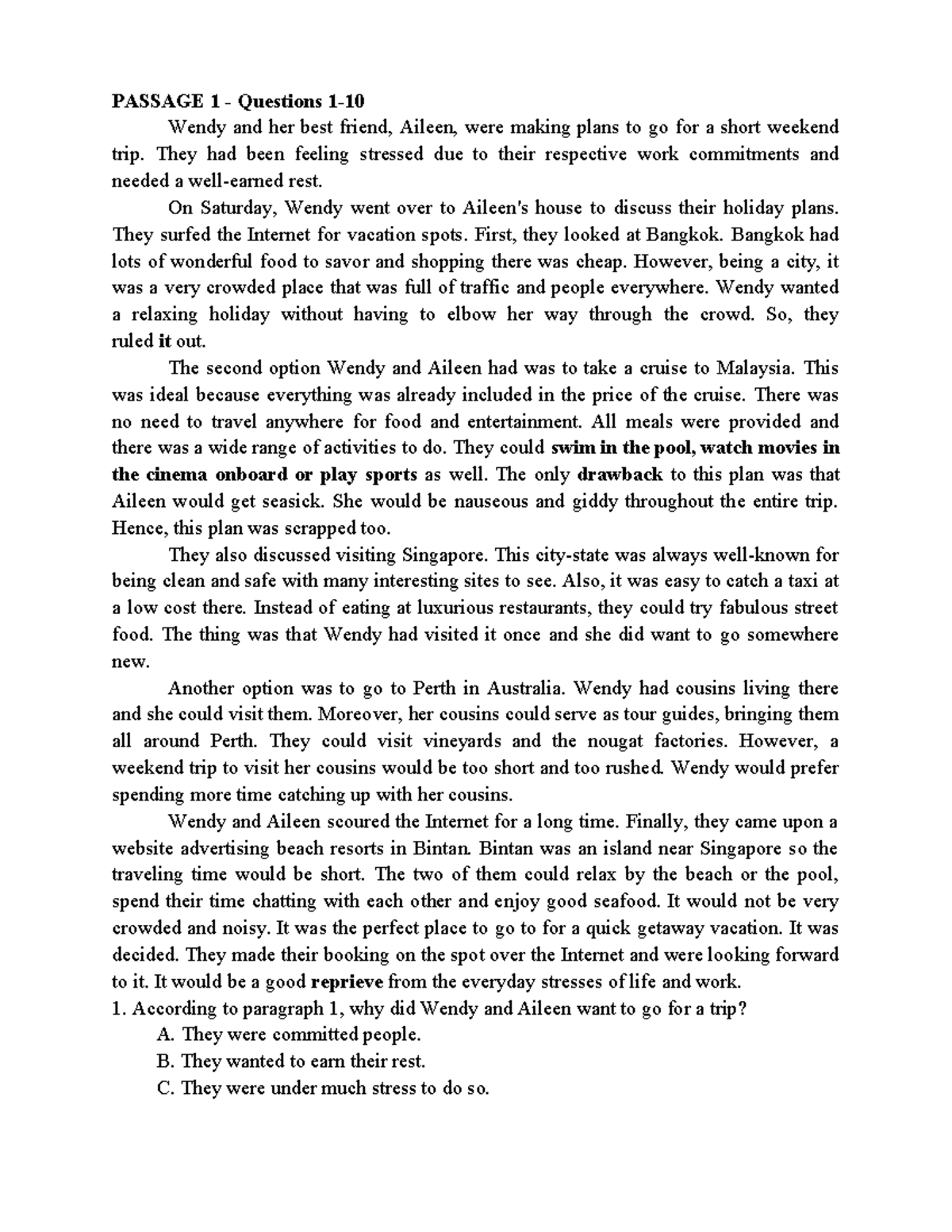 PASSAGE 1 & 2 Reading Comprehension Questions - ENG 101 - Studocu