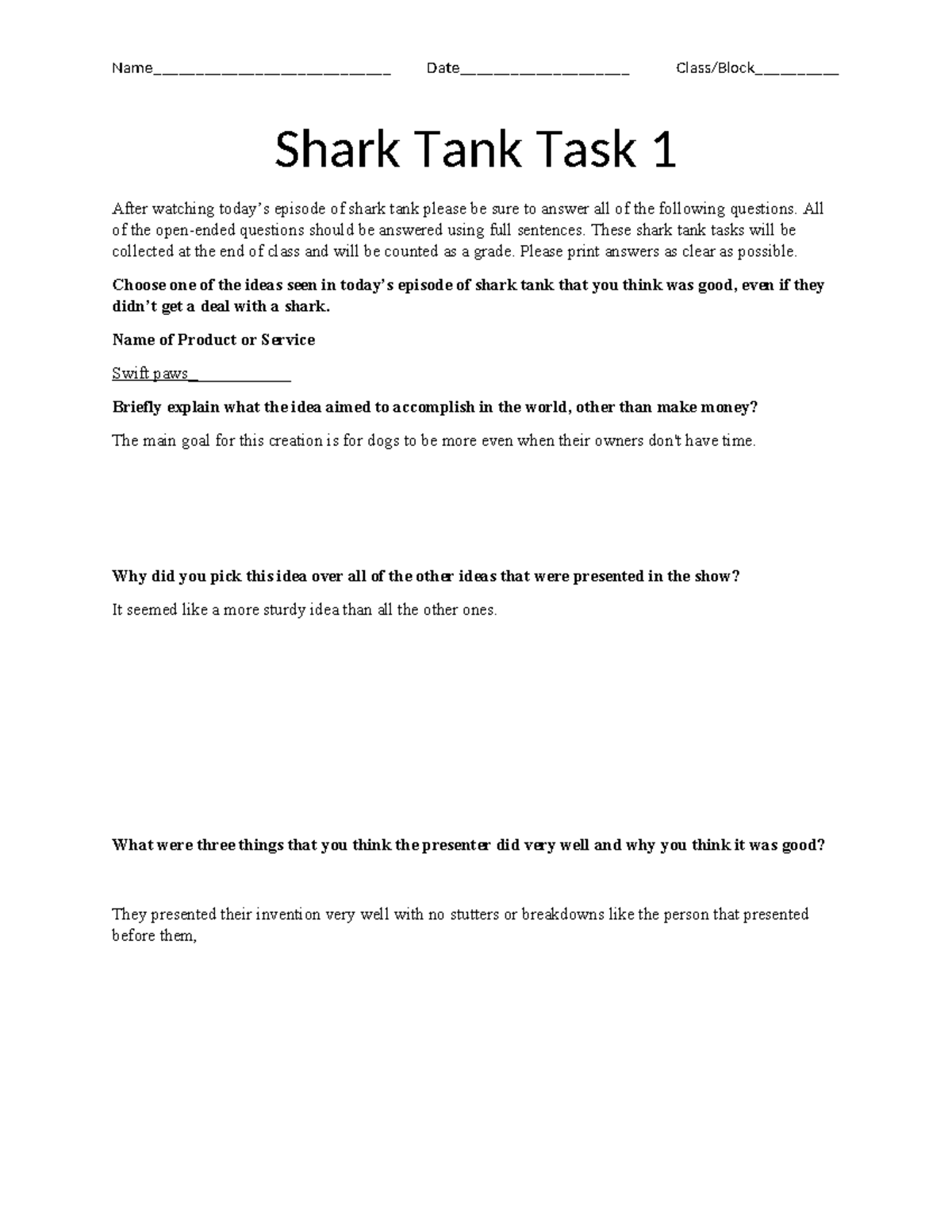 Sharktank - Shark tank document for economics - Name ...