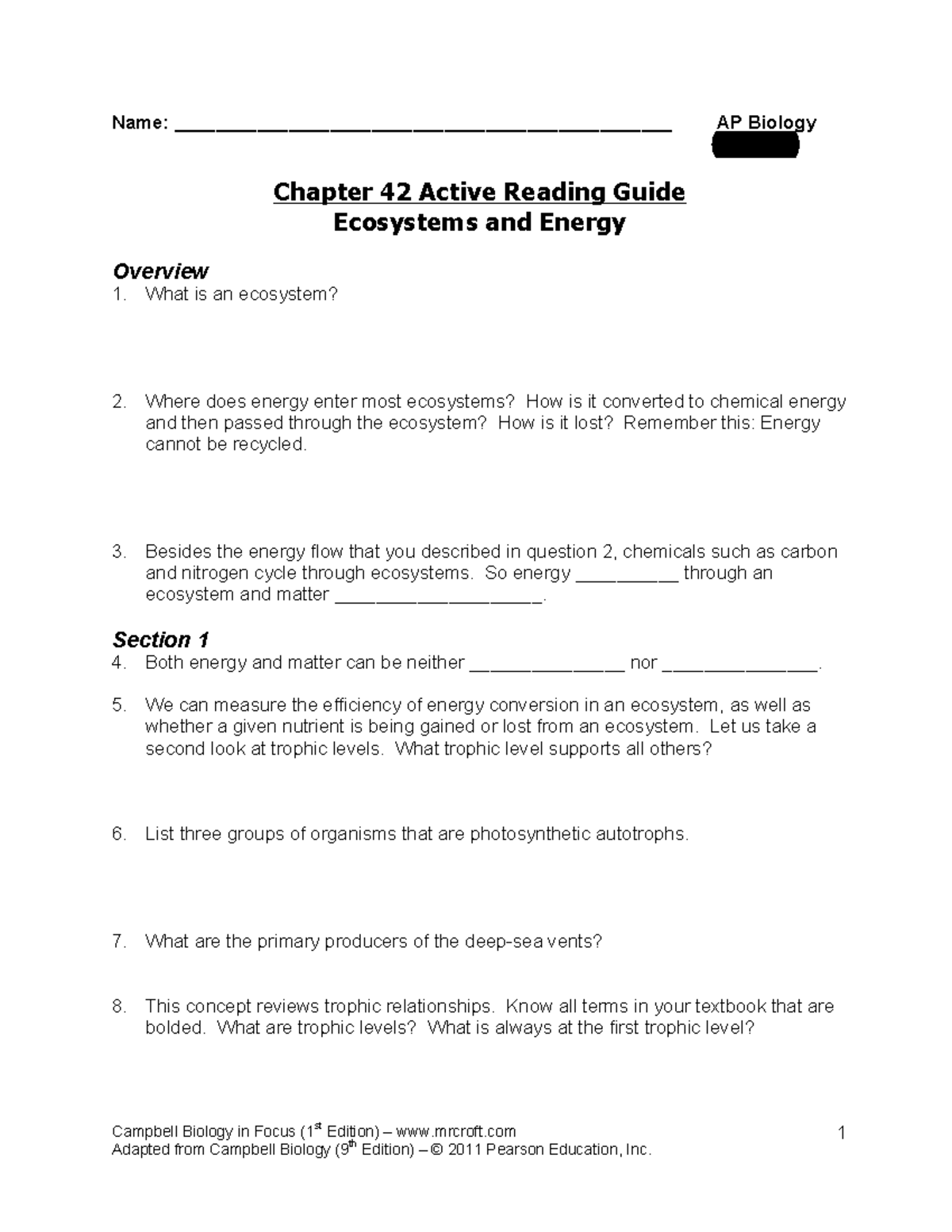 AP Biology Chapter 42 Active Reading Guide: Ecosystems & Energy - Studocu
