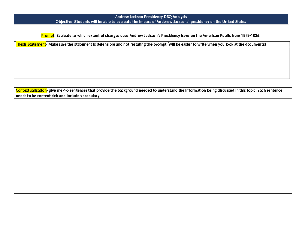 Andrew Jackson Presidency DBQ Analysis - Andrew Jackson Presidency DBQ ...