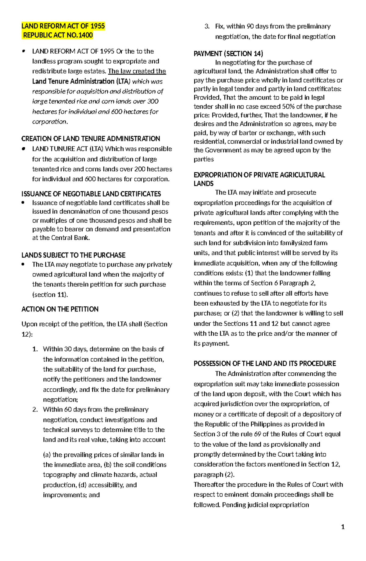 GE 2 Reviewer: Land Reform Acts and Agricultural Policies in the ...