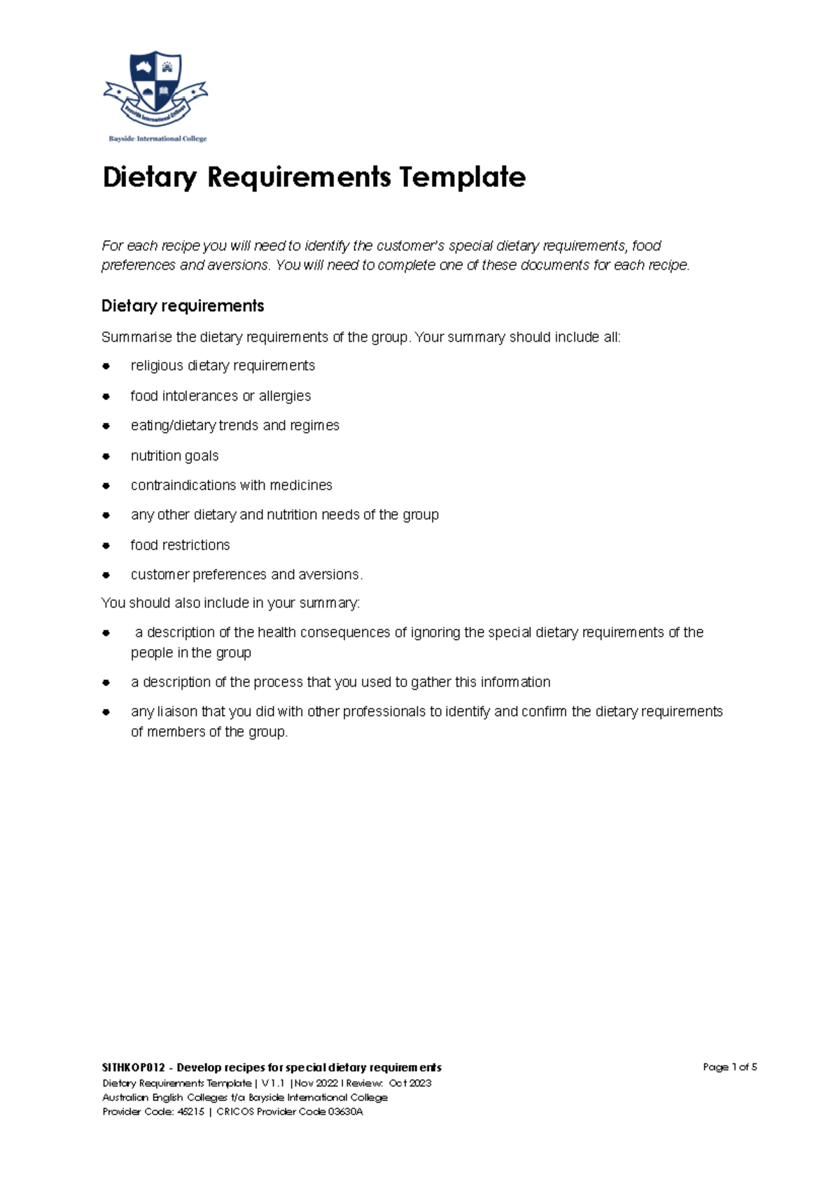 SITHKOP012 Dietary Requirements Template for Recipe Development - Studocu