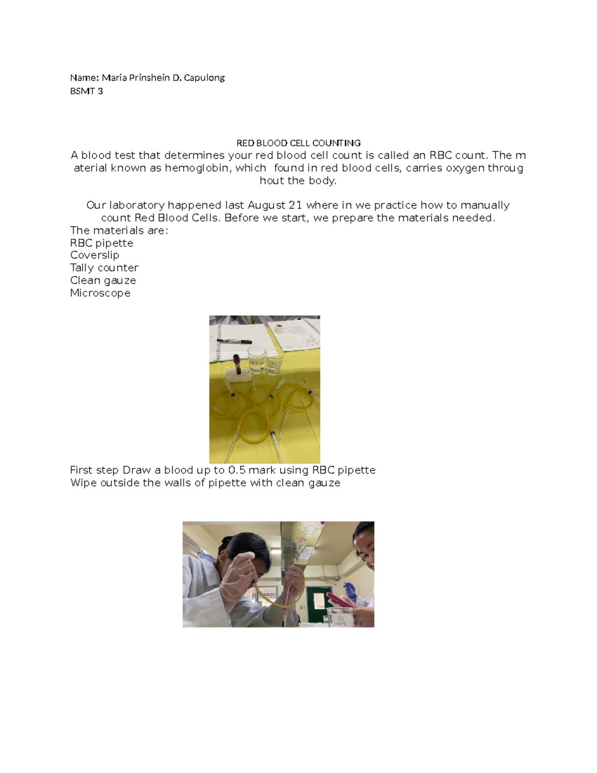 Rbc counting Capulong - medtech - Name: Maria Prinshein D. Capulong ...
