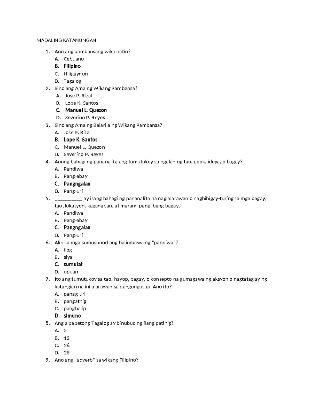 Filipino Quiz Bee Questions: Easy, Average, & Difficult Levels - Studocu