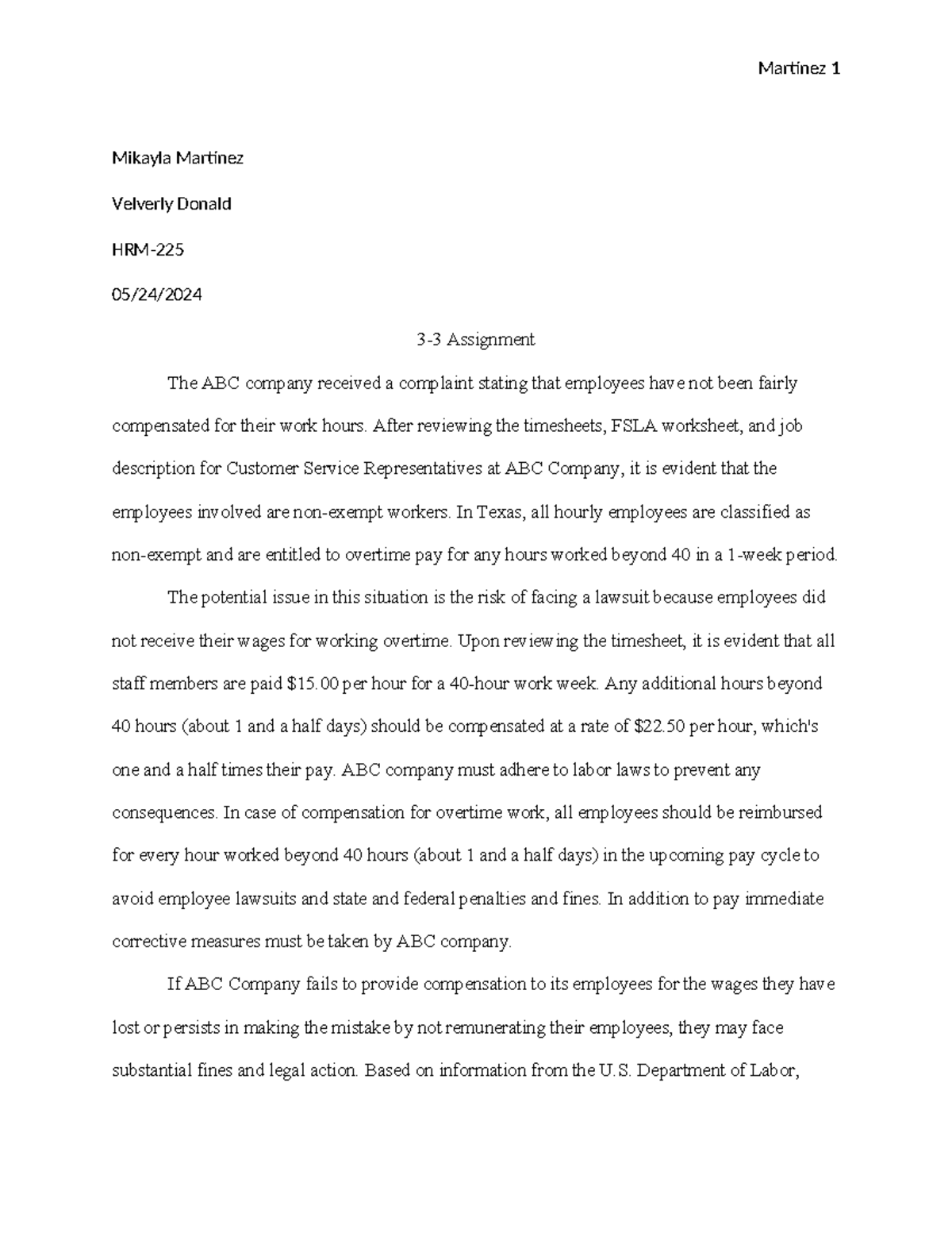 HRM 225 3-3 Assignment: Addressing Employee Overtime Compensation ...