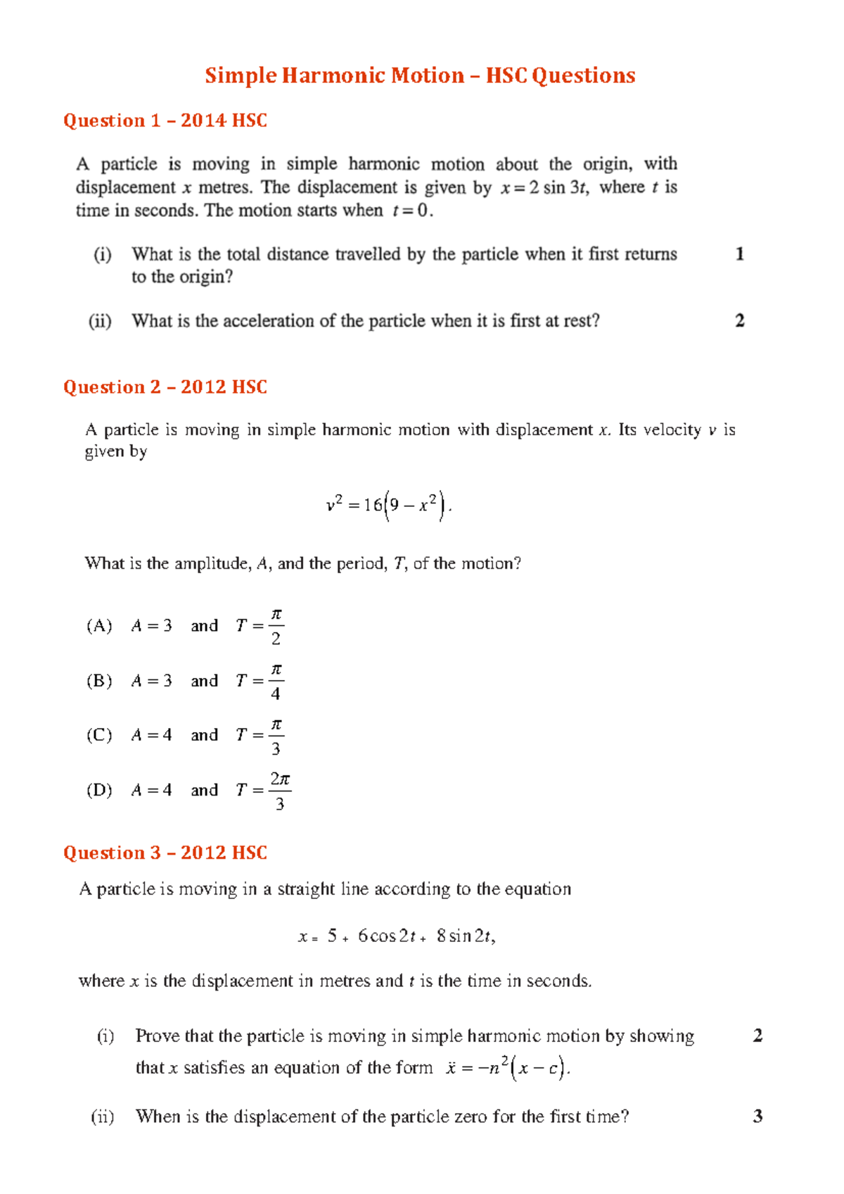 HSC Simple Harmonic Motion - Practice Questions and Solutions - Studocu