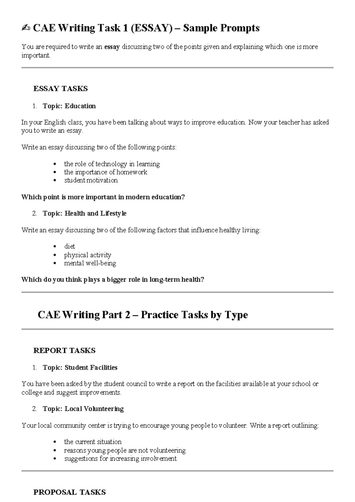 CAE Writing Tasks 1: Essay, Report, Proposal, and Email Samples - Studocu