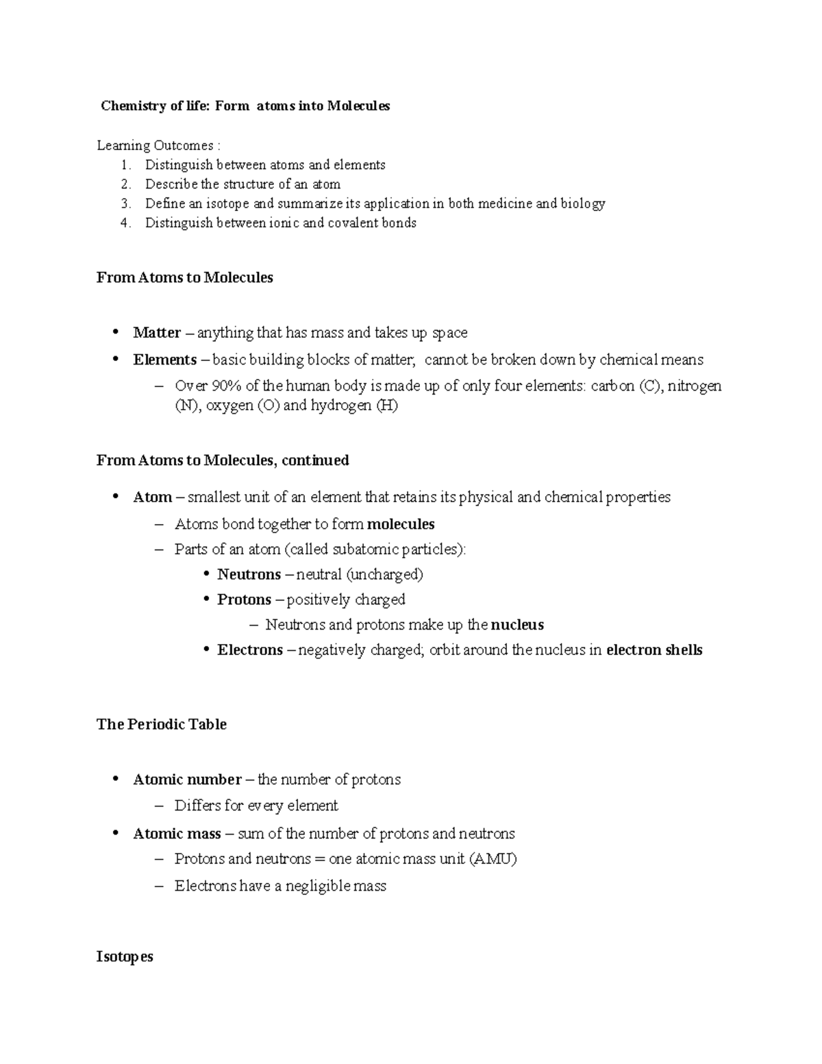 Chemistry 101: Chapter 3 Notes on Atoms and Molecules - Studocu
