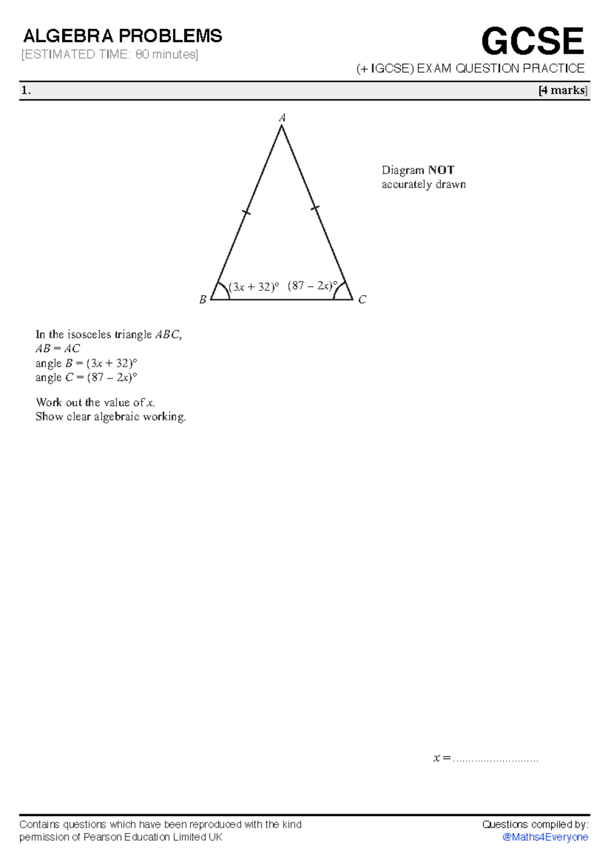 GCSE IGCSE Algebra Problems Practice Exam Questions - Studocu
