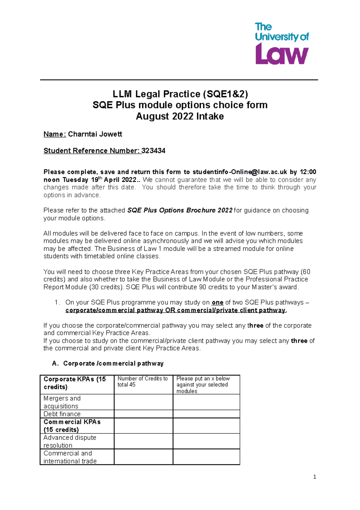 LLM Legal Practice SQE1&2 Module Options Choice Form - Completed - Studocu