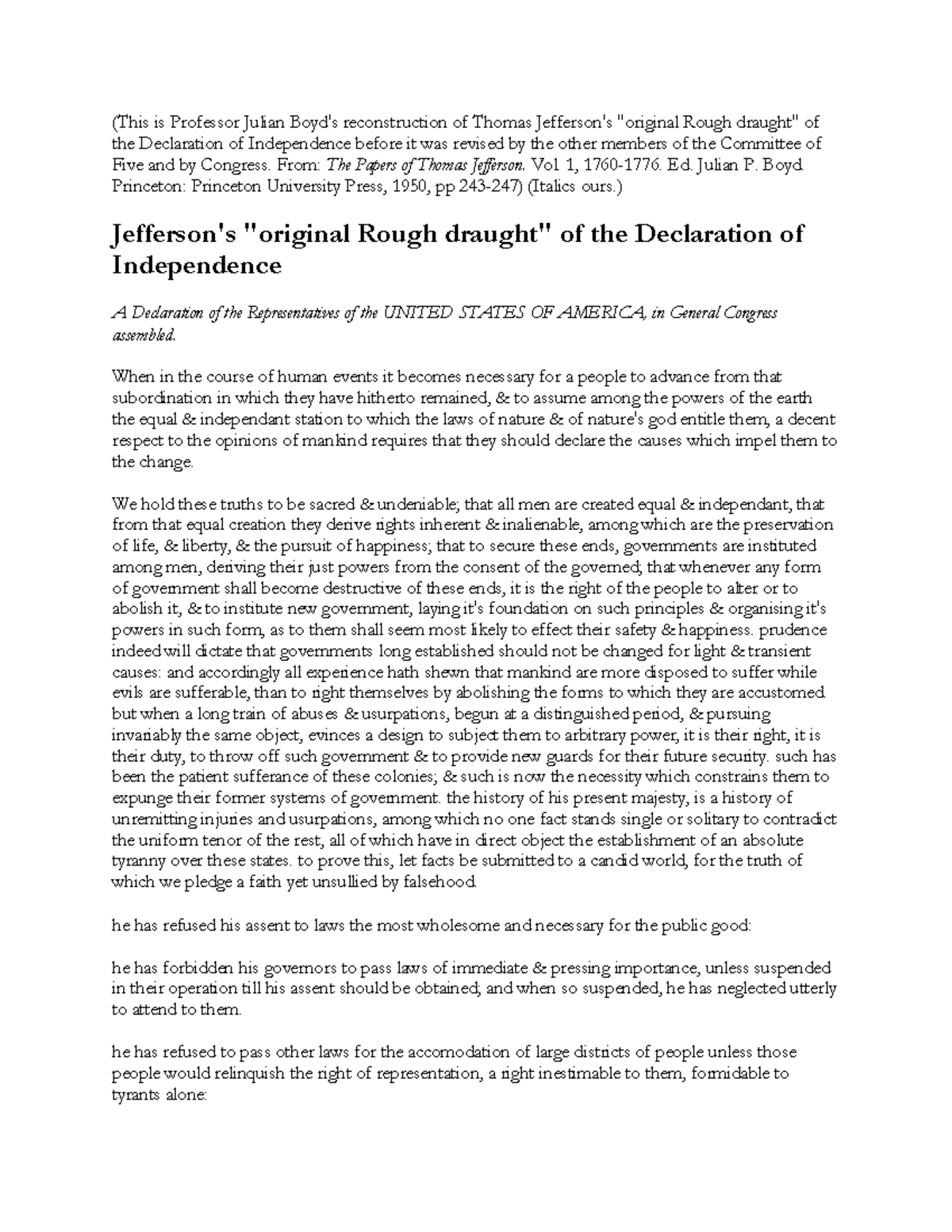 Rough Draft of the Declaration of Independence - Thomas Jefferson - Studocu