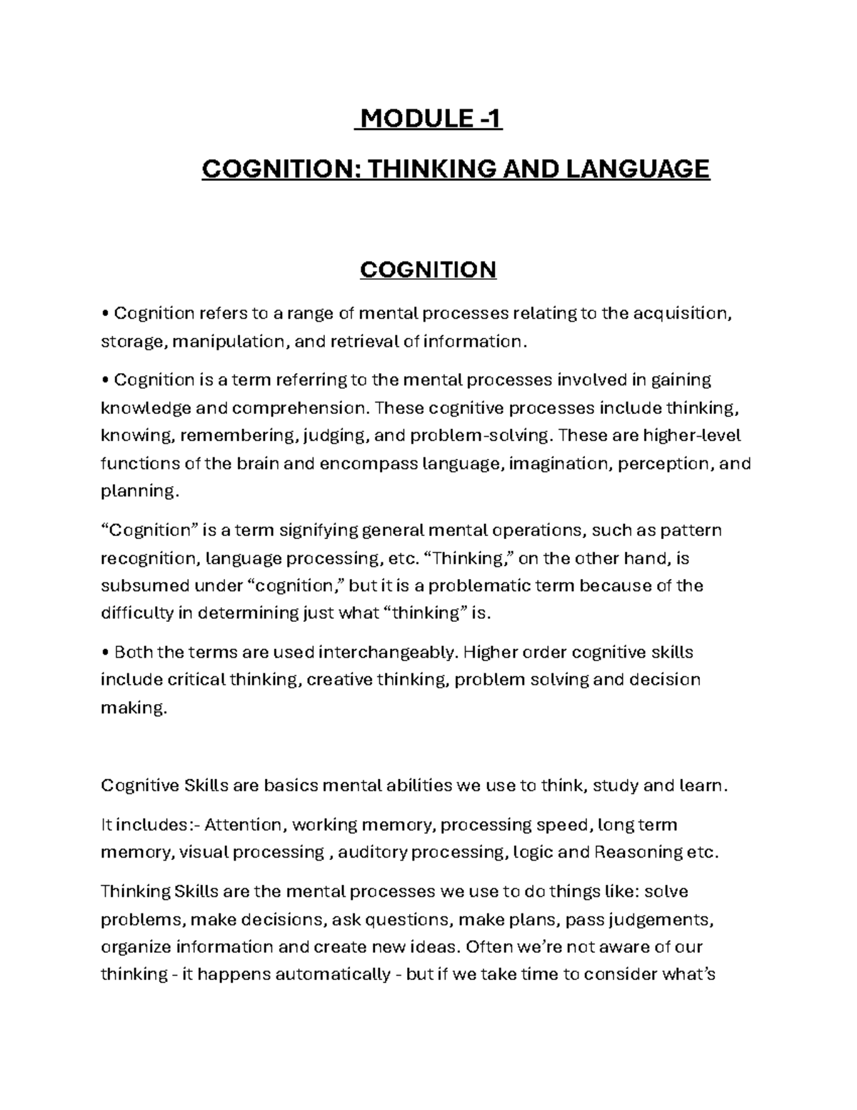 MODULE COGNITION: THINKING AND LANGUAGE - PSY 101 NOTES - Studocu