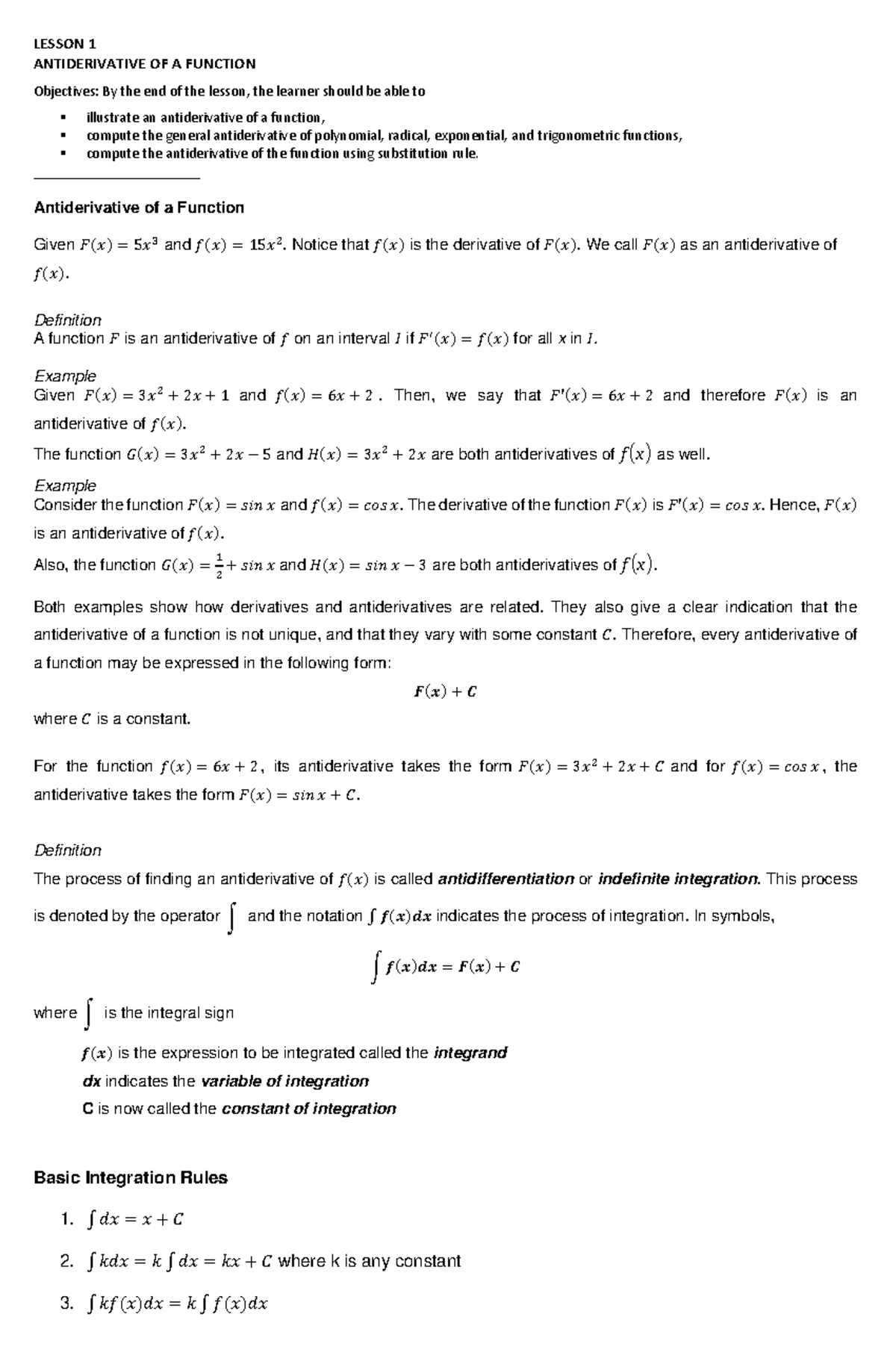 Basic Calculus Lesson 1f: Understanding Antiderivatives and Integration - Studocu
