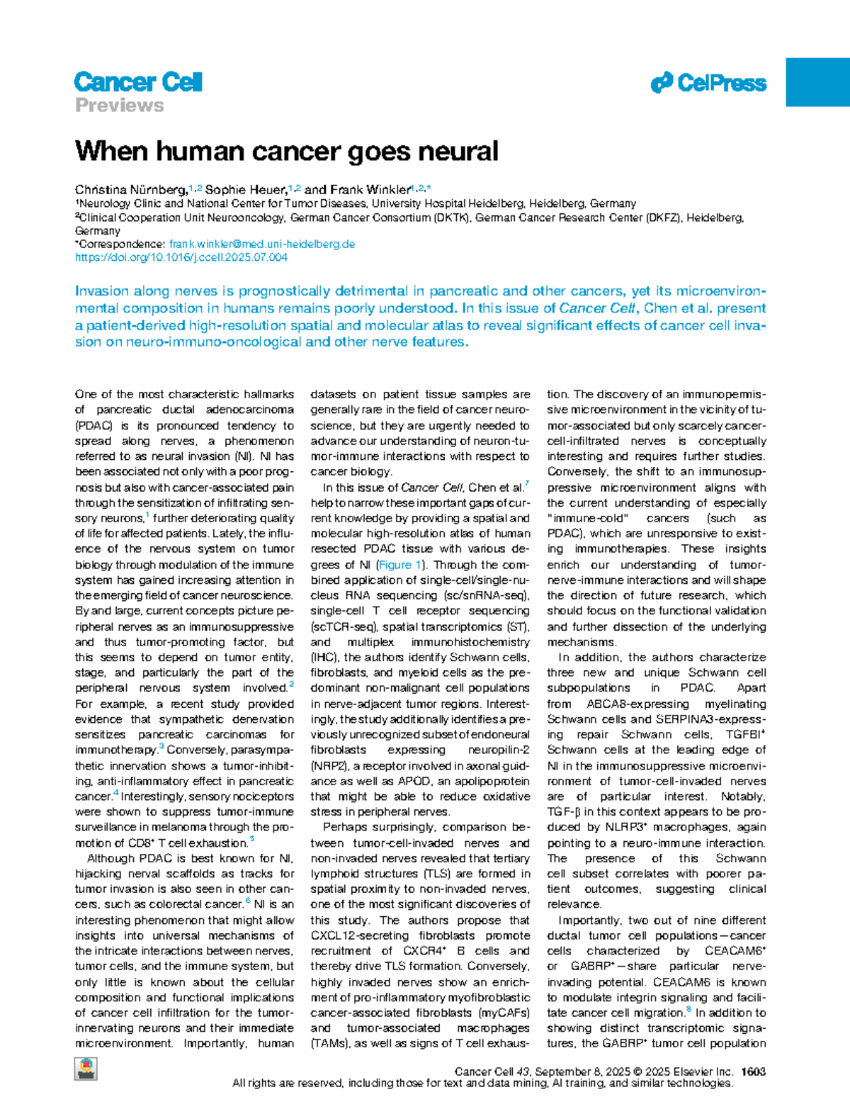 Cancer Cell 43: When Human Cancer Goes Neural - Insights on PDAC - Studocu