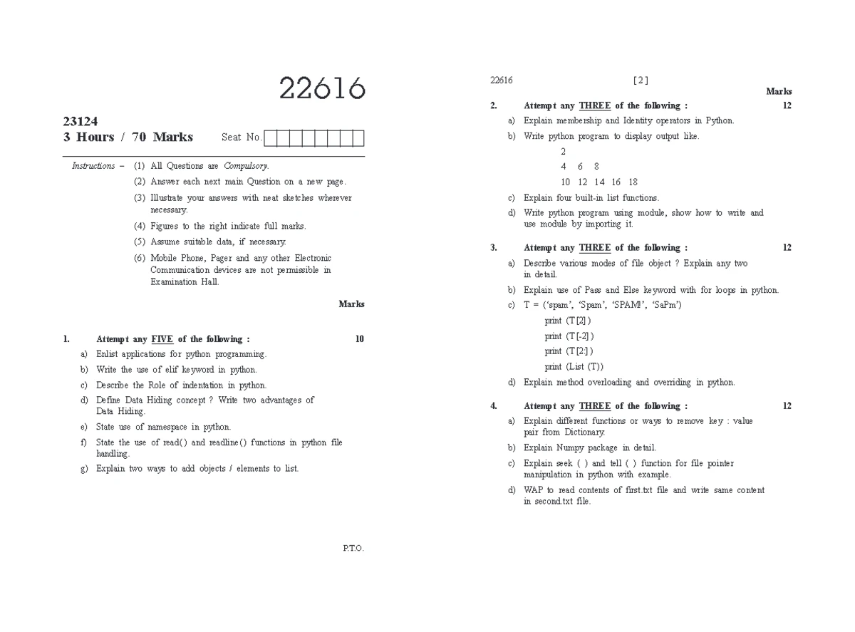 S22 - question paper - P.T. Instructions – (1) All Questions are Compulsory. (2) Answer each ...