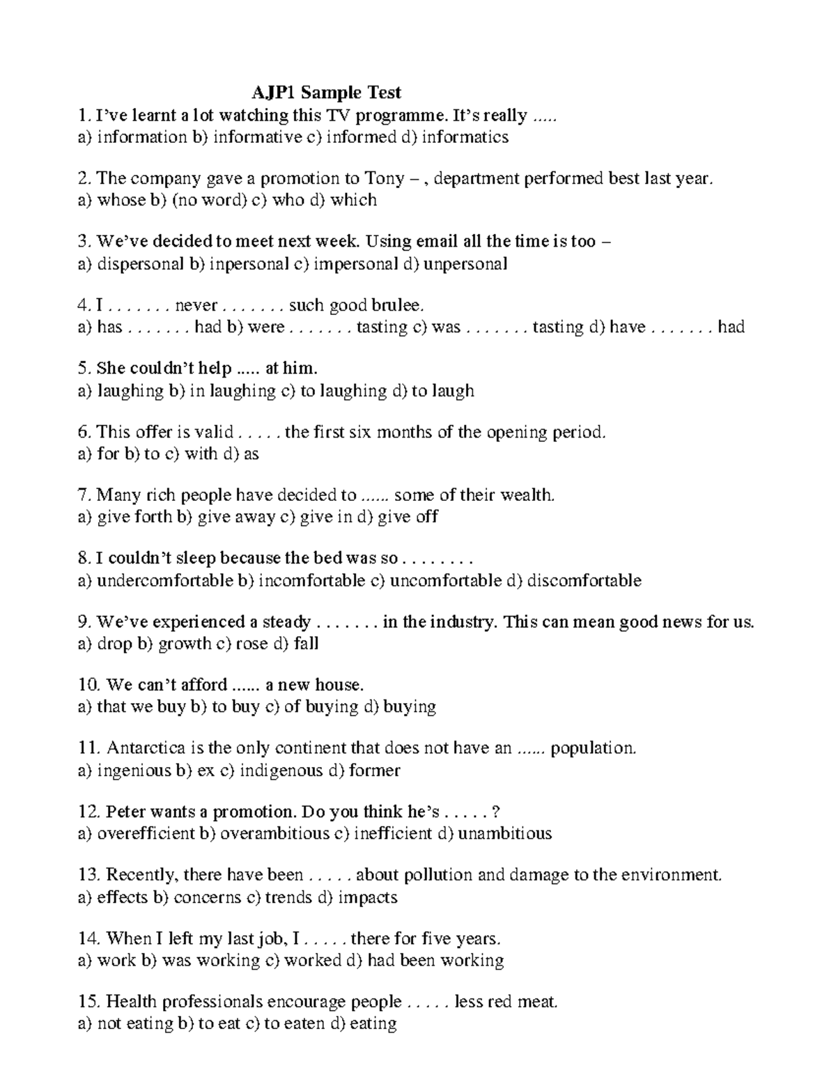 AJP1 Sample Test: English Language Proficiency Questions - Studocu