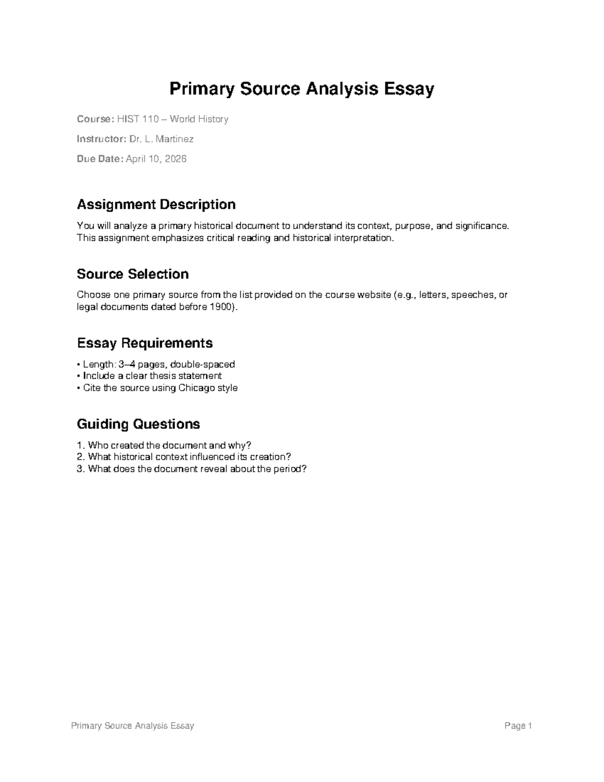 HIST 110 Primary Source Analysis Essay Guidelines and Requirements ...