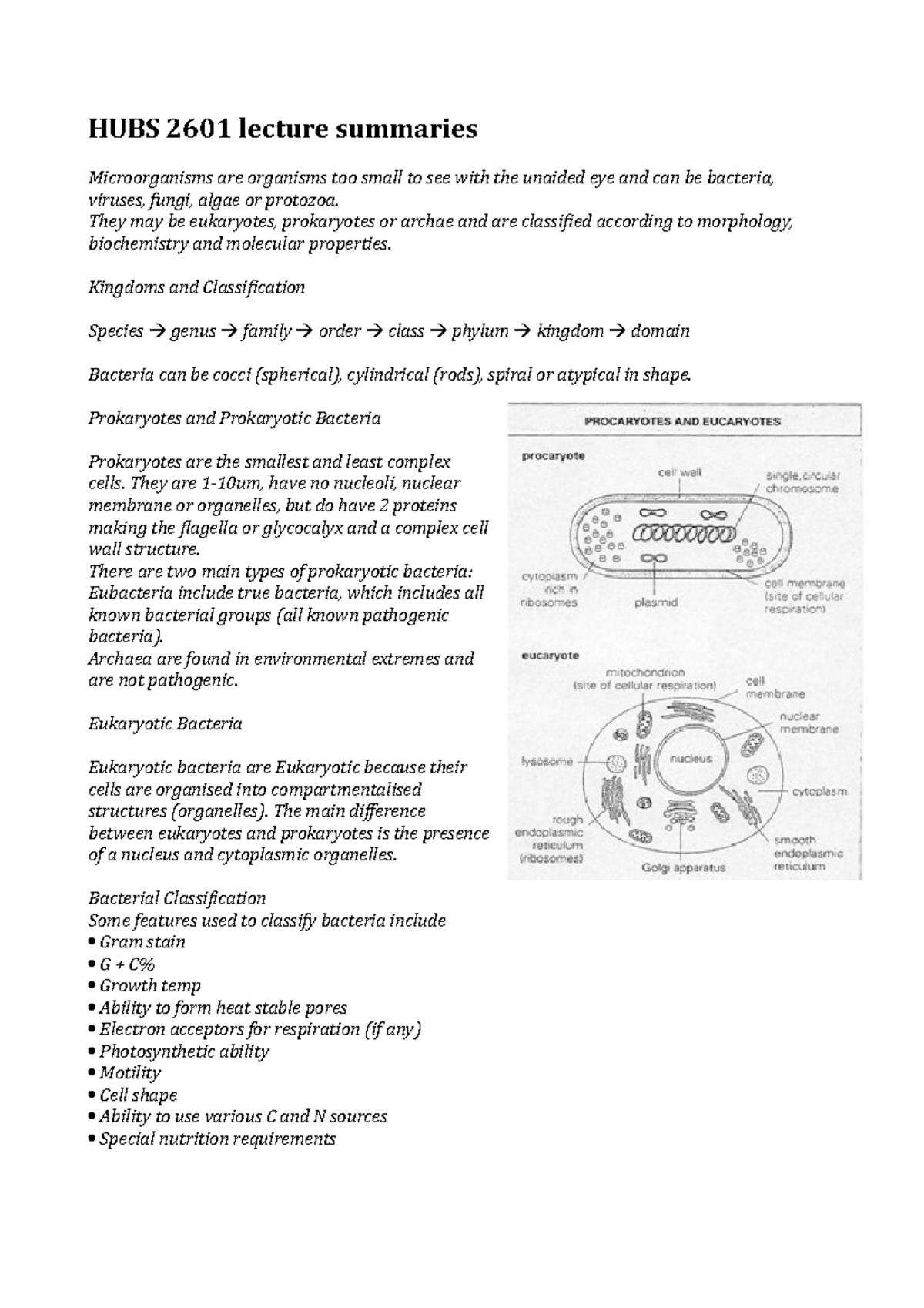 HUBS 2601 Lecture Summaries: Microbiology and Bacterial Classification - Studocu