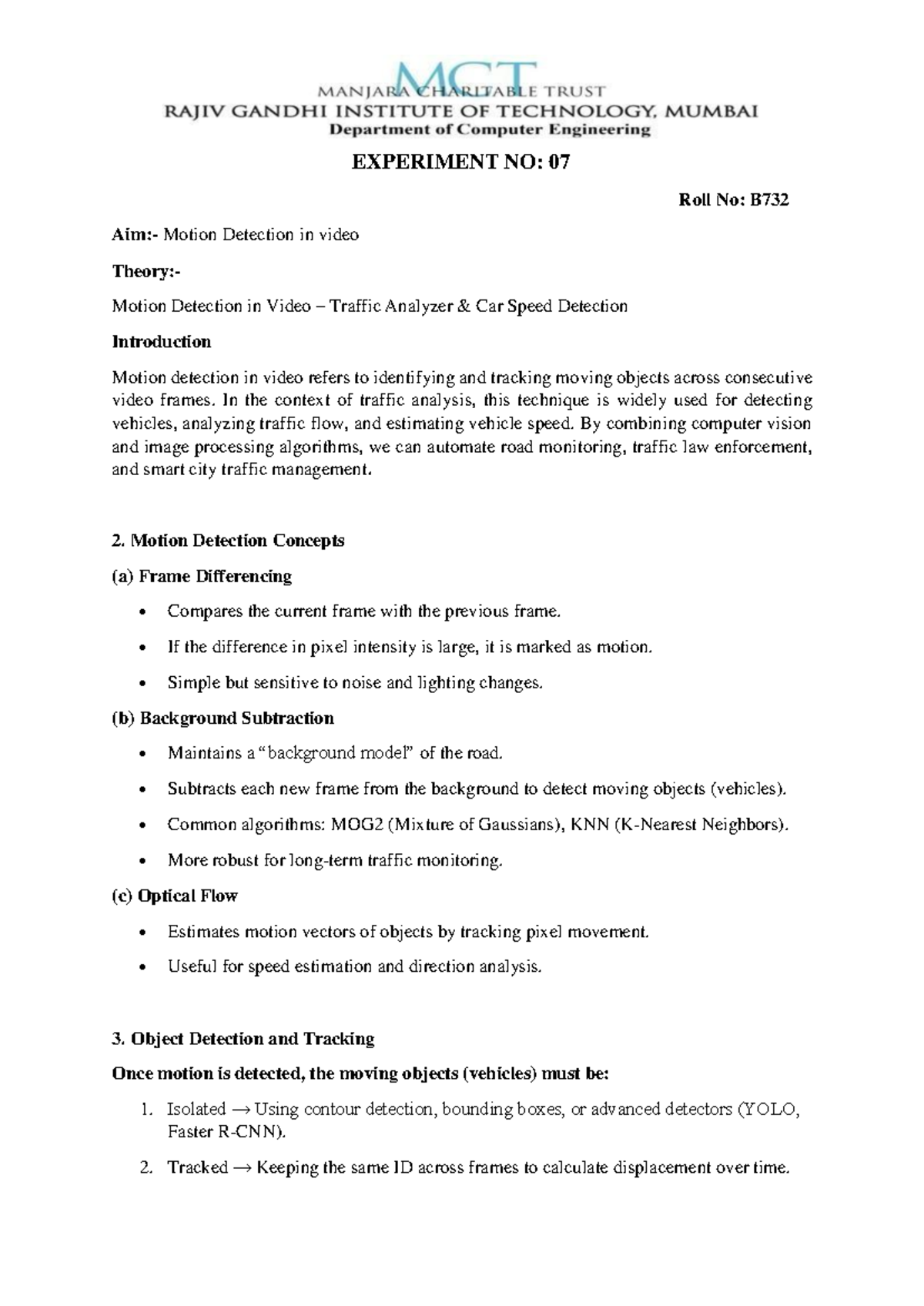 Motion Detection in Video for Traffic Analysis - Exp 07 B732 - Studocu