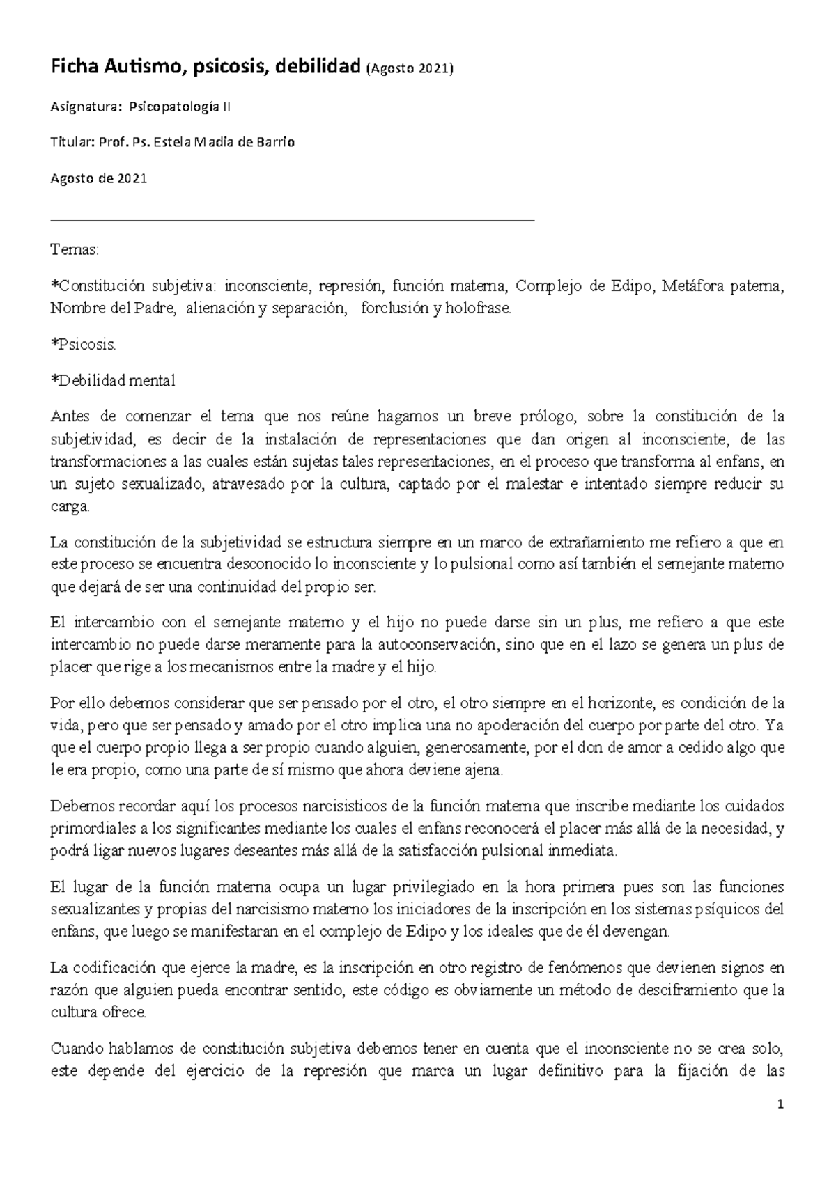 Ficha sobre Autismo, Psicosis y Debilidad Mental - Psicopatología II ...