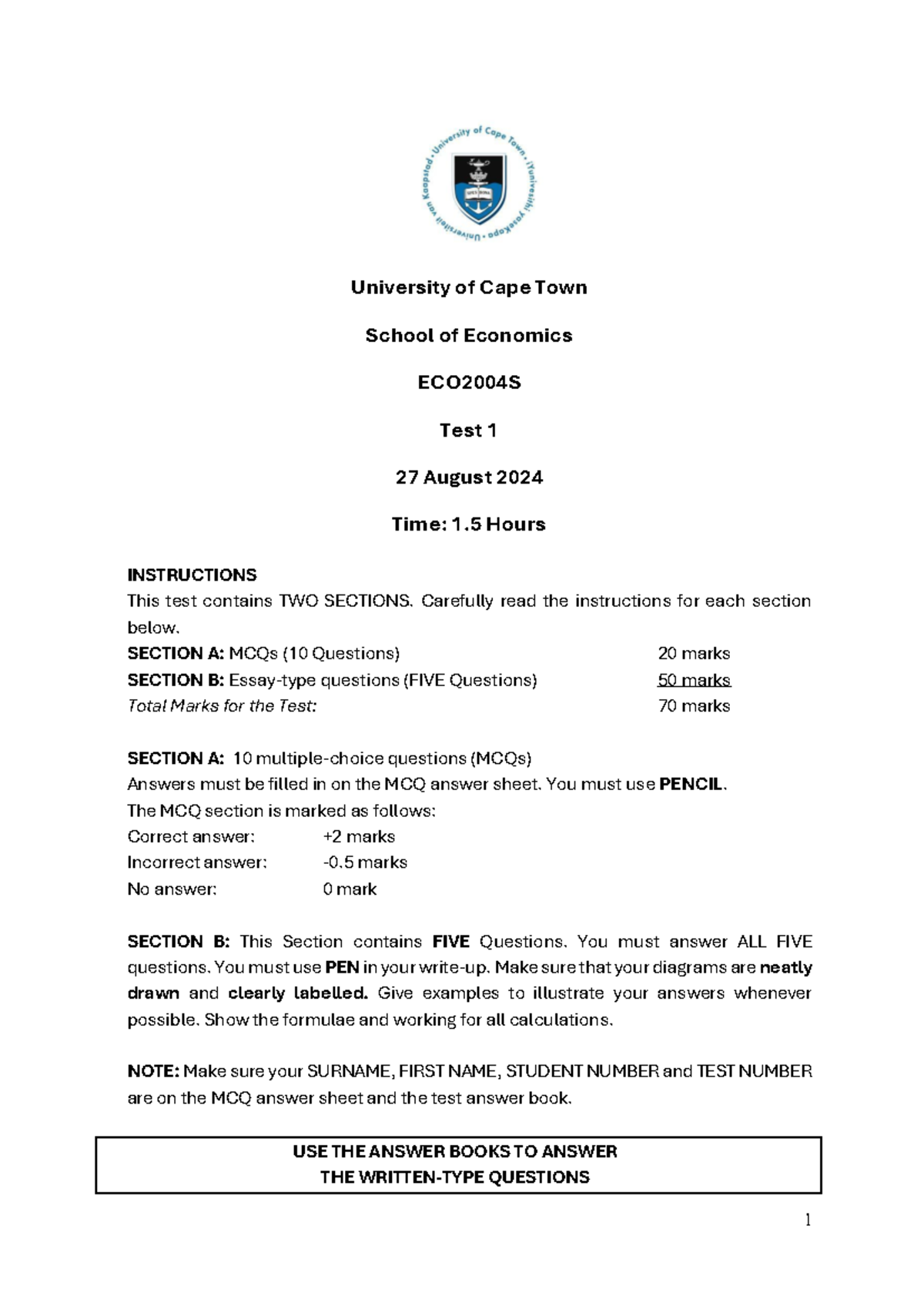 Final ECO2004S Test 1 - University of Cape Town Economics Exam - Studocu