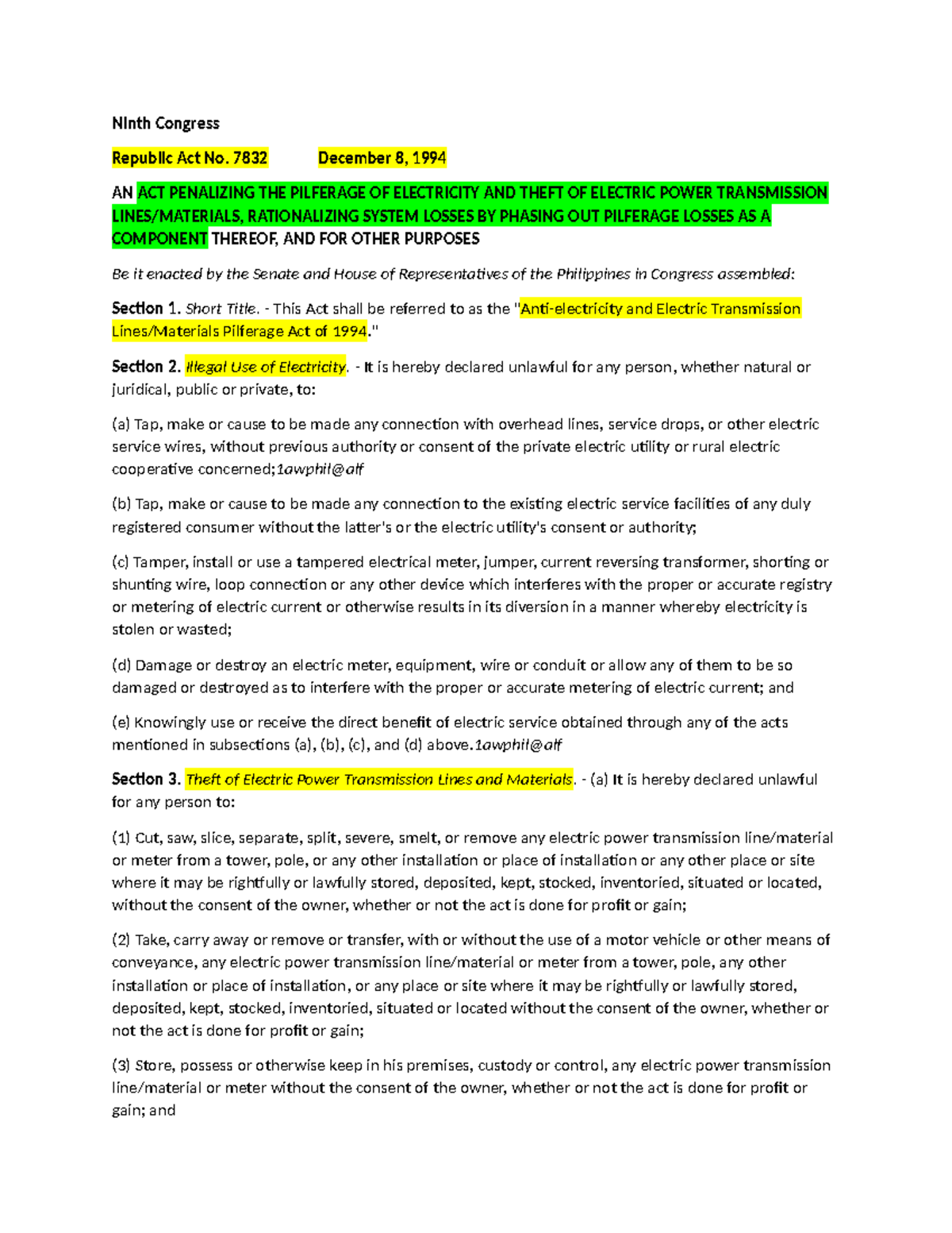RA-7832 - Electric Transmission Pilferage Act Summary and Notes - Studocu