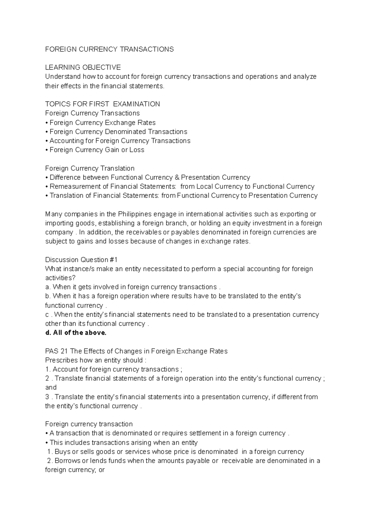 FCT - Foreign Currency Transactions: Exam Review and Key Concepts - Studocu