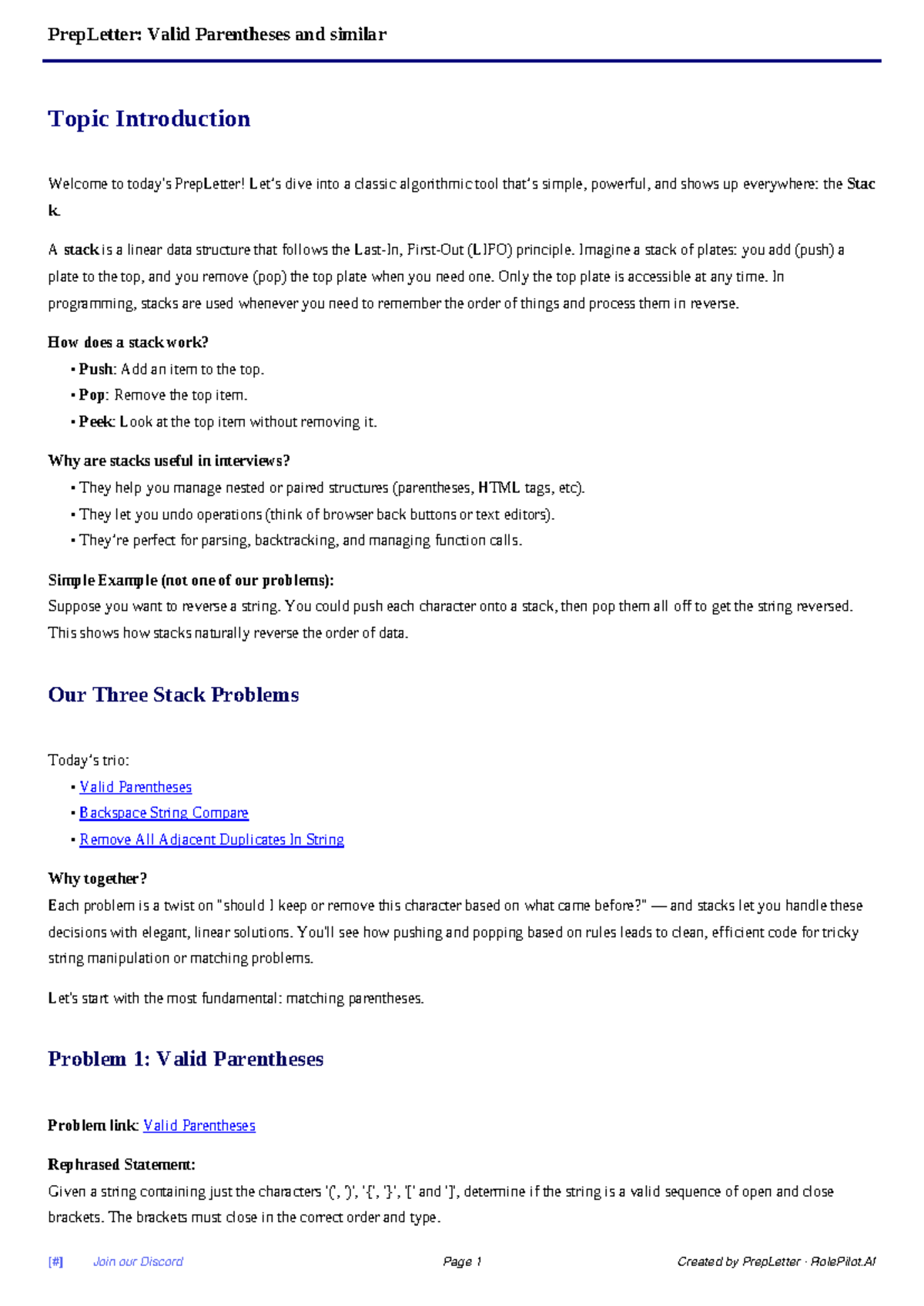 PrepLetter #11: Valid Parentheses & Stack Problems Overview - Studocu